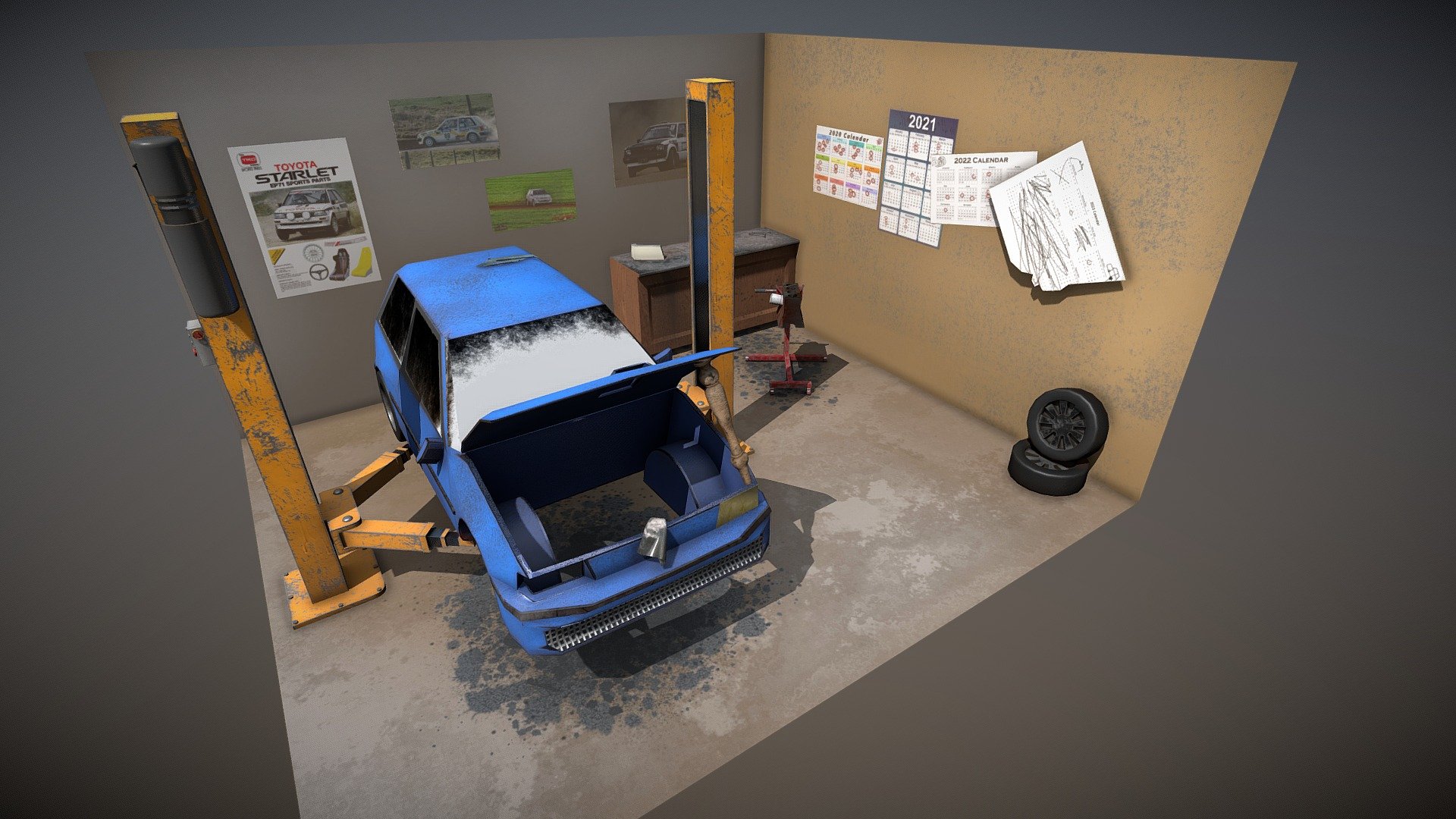 Workshop with damaged Toyota Starlet EP71 - 3D model by lolyay270 [0eb91ab] - Sketchfab