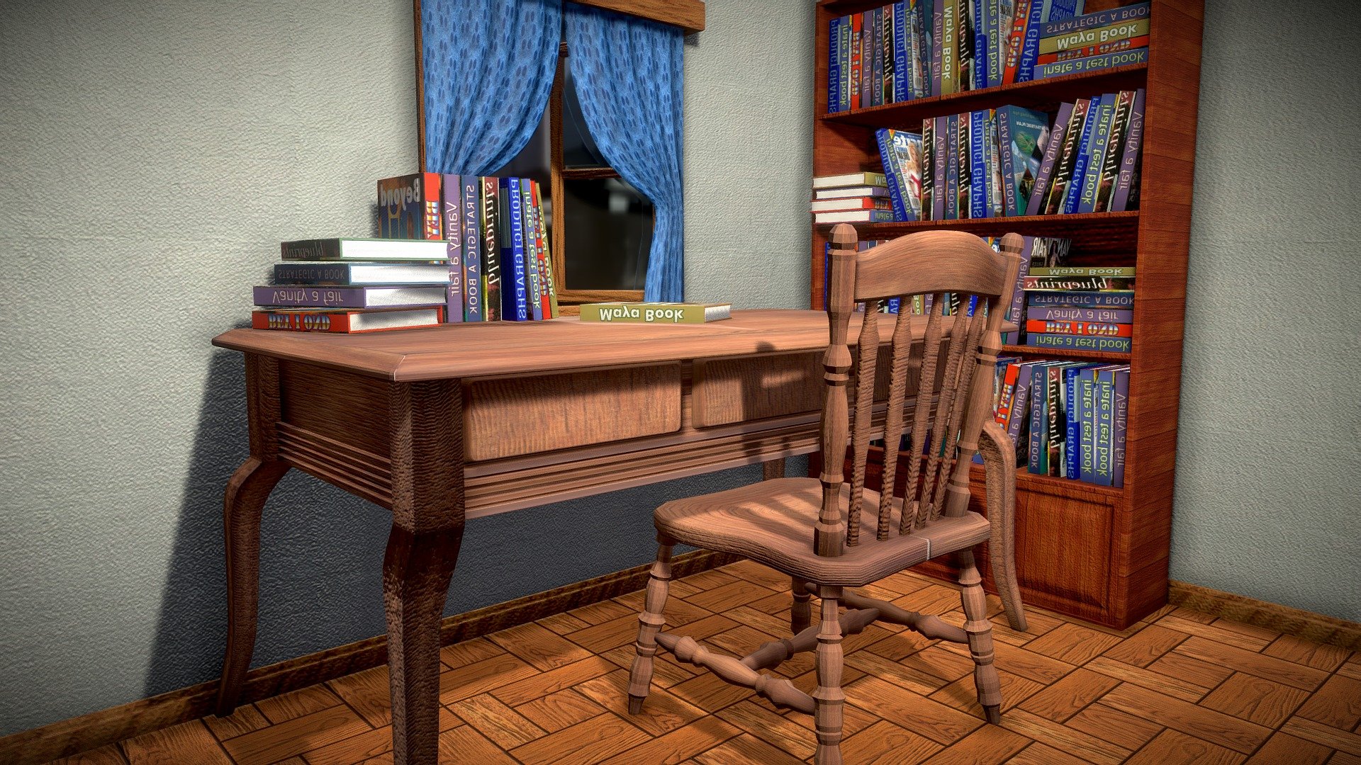 Desk chair desk bookcase desktop scene 3D model - Buy Royalty Free 3D ...