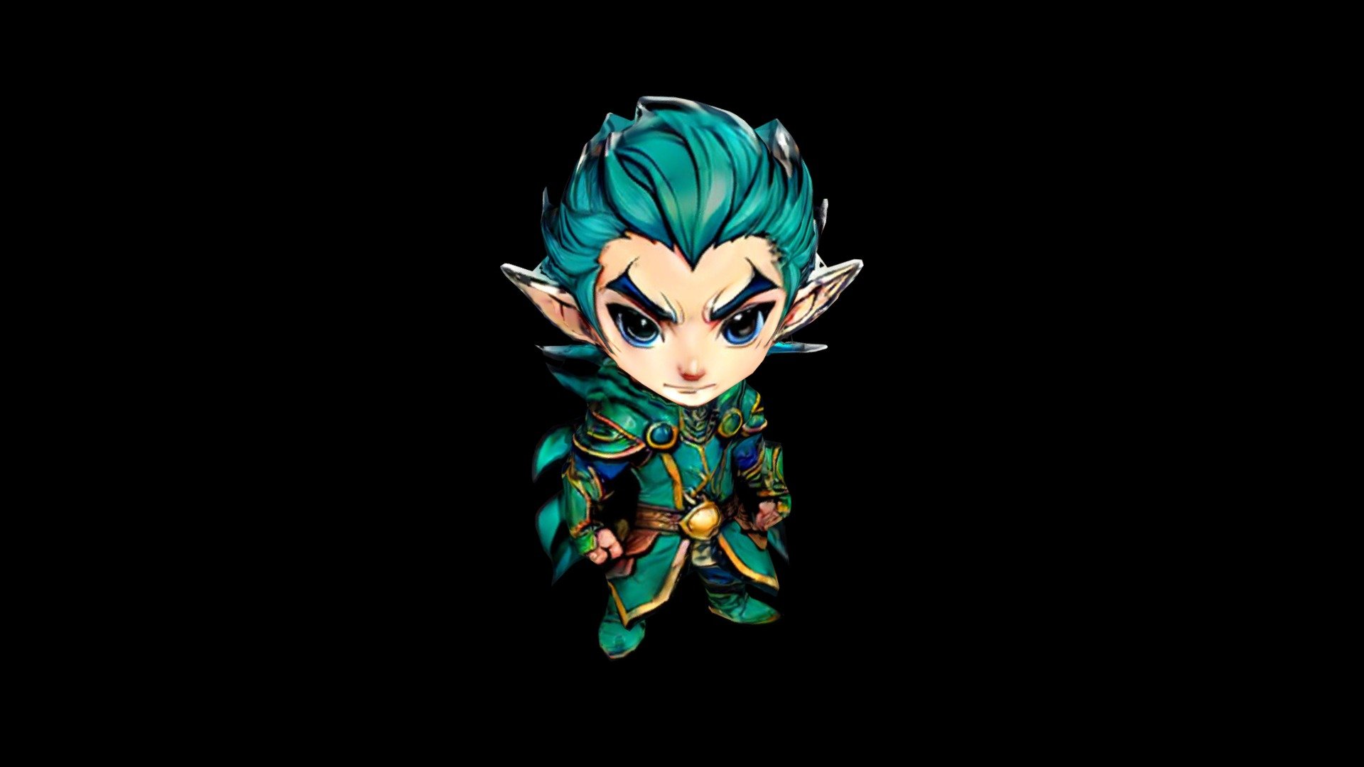 A chibi-style elf with blue hair and a green out - Download Free 3D ...