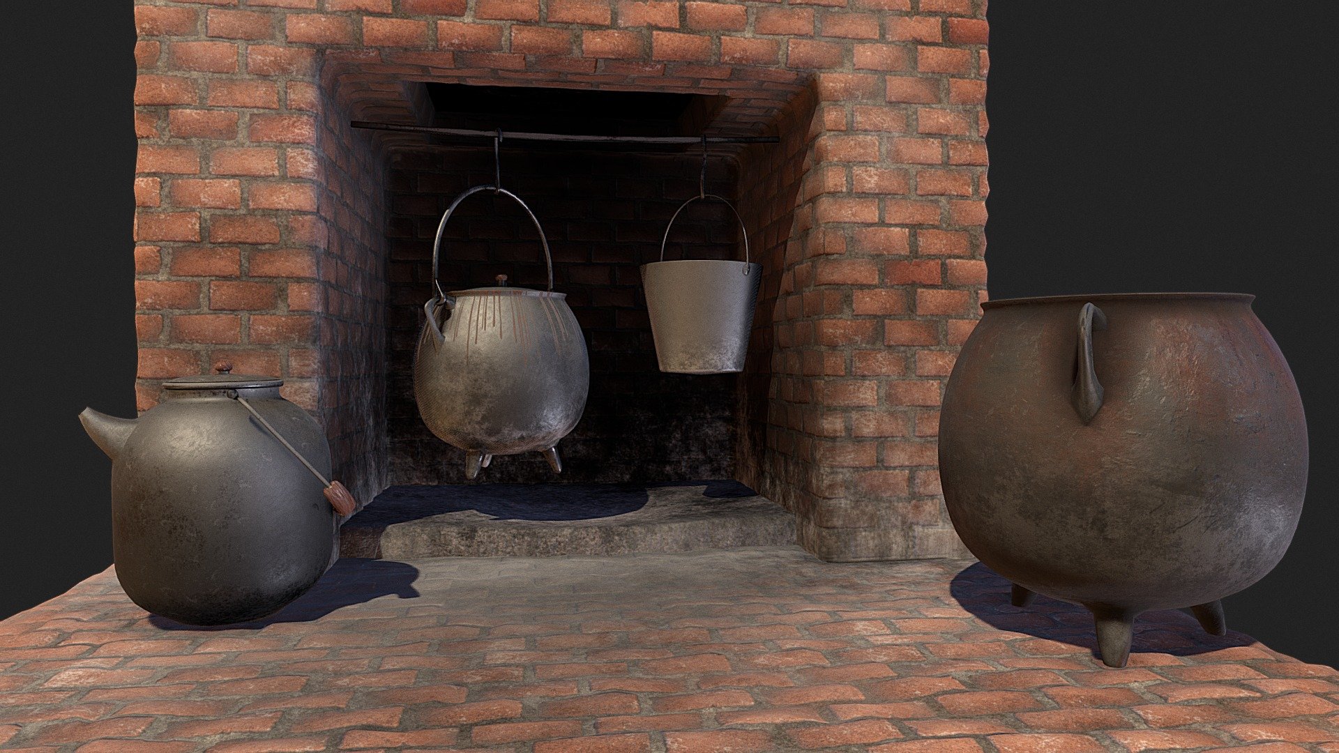 Old worn kitchen fireplace with pots and kettle - Buy Royalty Free 3D ...