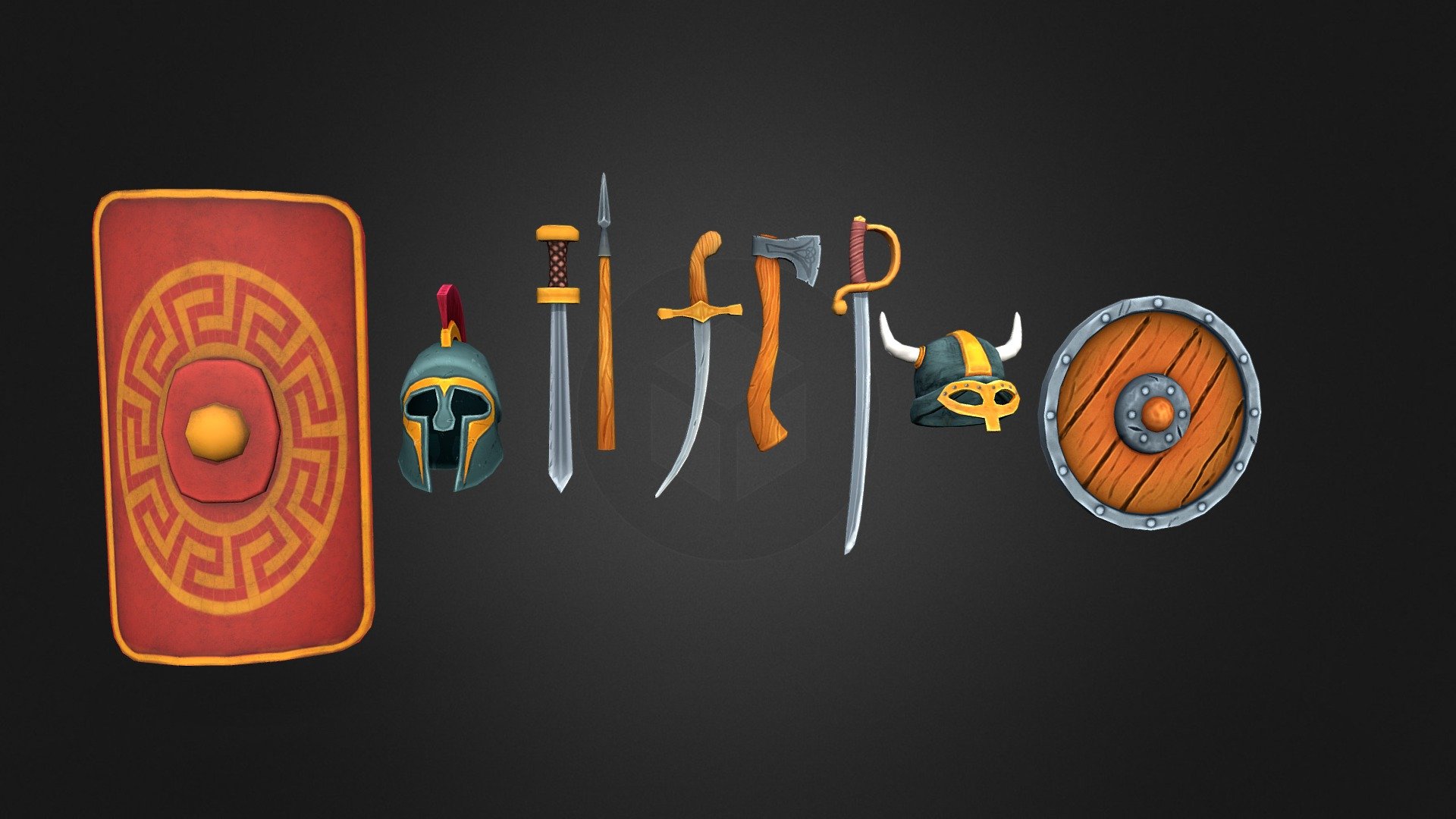 Weapons sword shield spear ax helmet - 3D model by LowPoly89 (@omega3 ...
