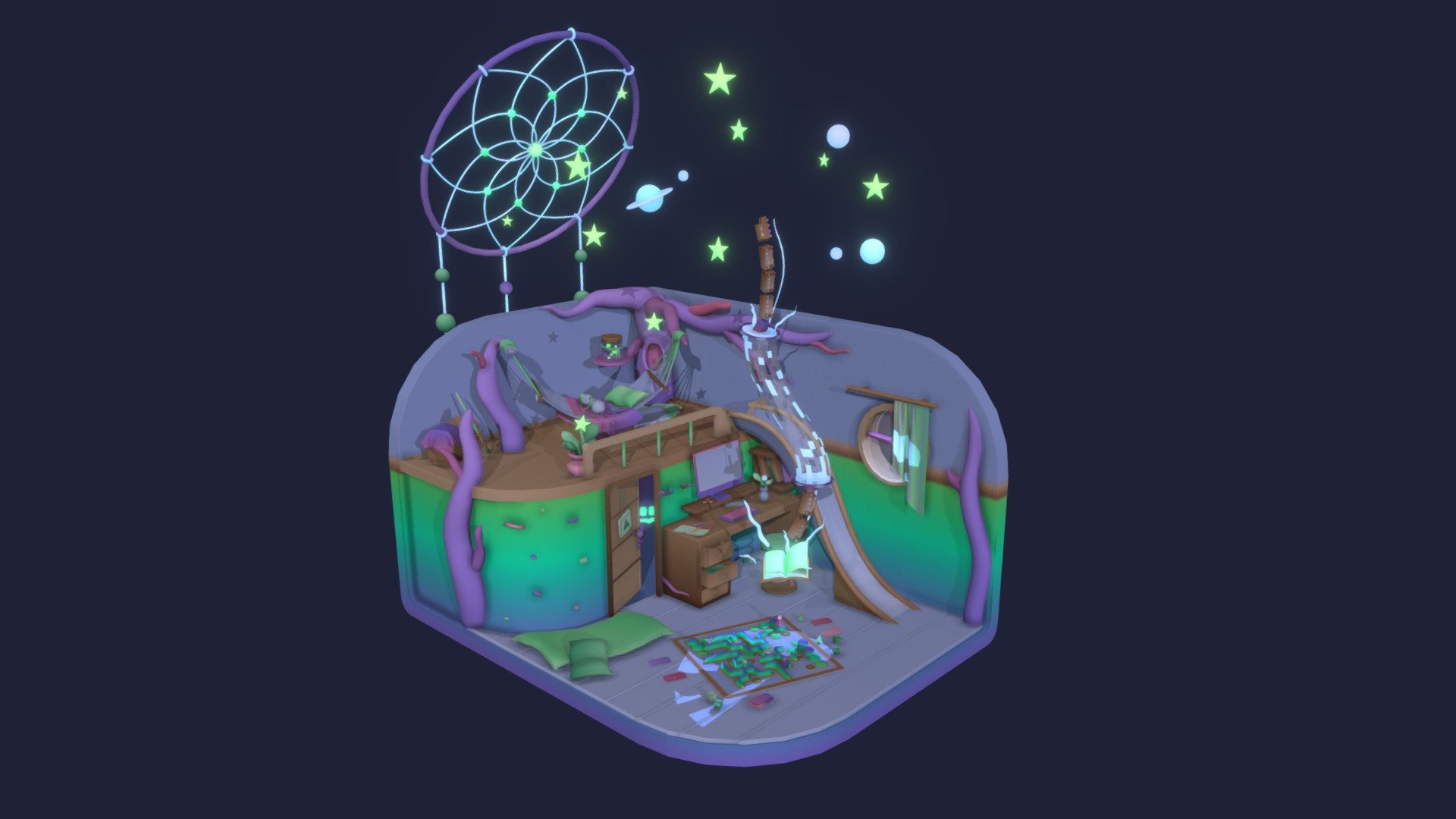 The dreamed bedroom - stylised diorama - Maya - 3D model by Maëlle ...