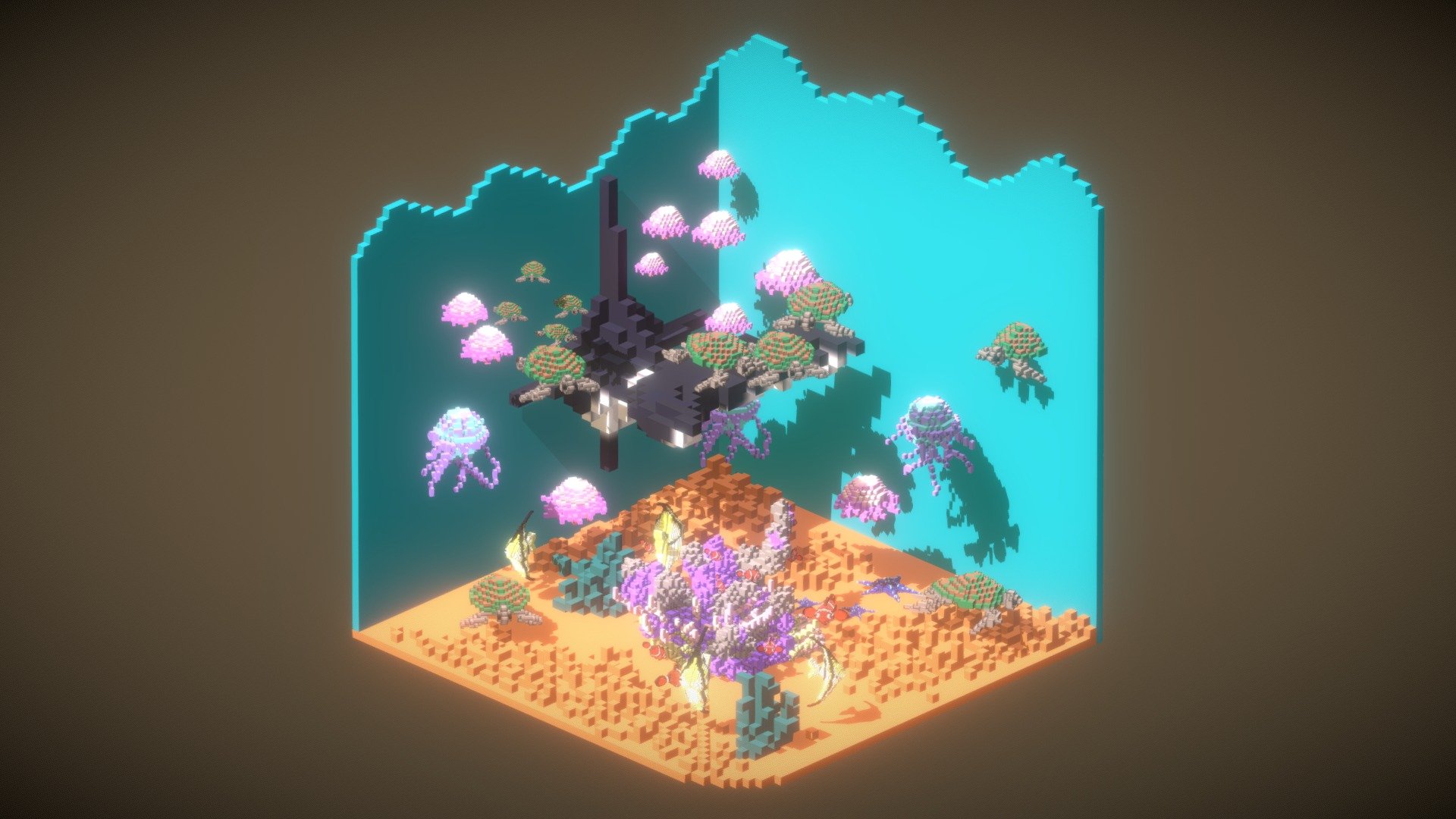 Orca and turtles with diverse fauna Voxel - Buy Royalty Free 3D model ...
