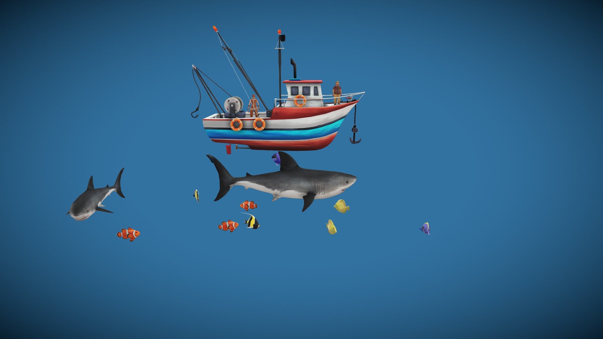 Animated Sharks Circling Fishing Boat Loop - Download Free 3D model by ...