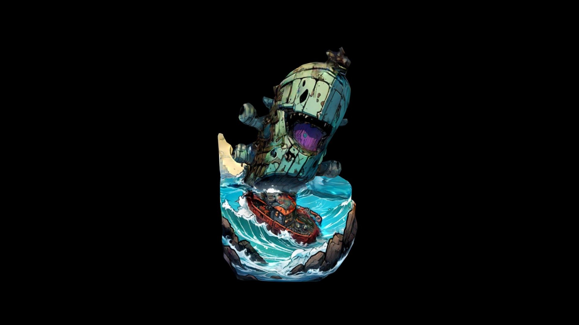 A small boat in the sea is being chased by a gia - Download Free 3D ...
