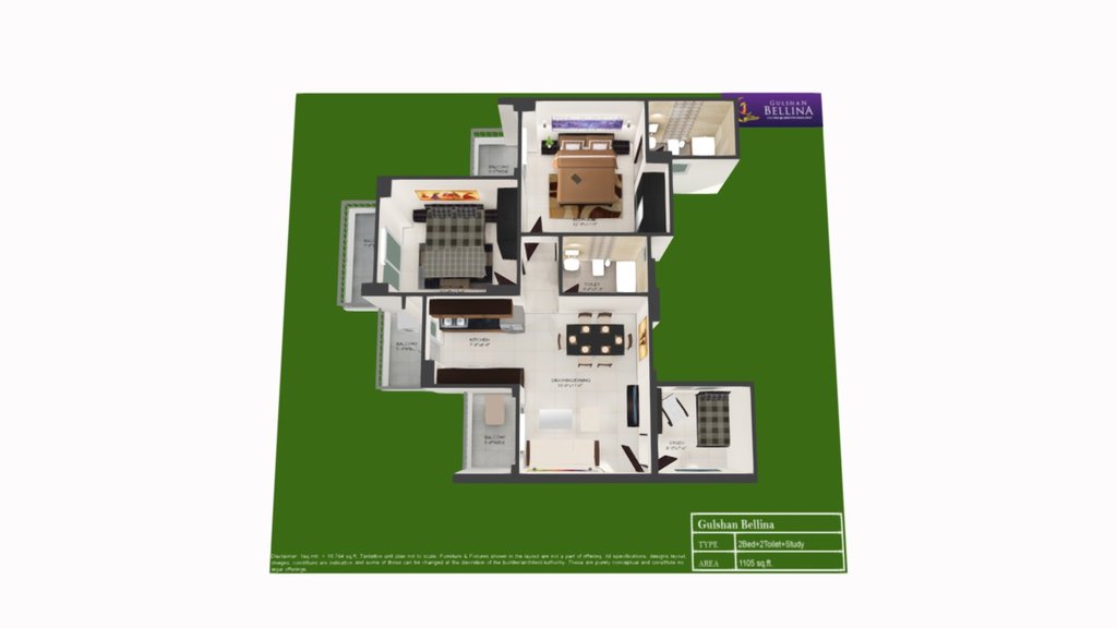 Gulshan Bellina - 1105 sq.ft. - 3D model by vinayak [35f092d] - Sketchfab