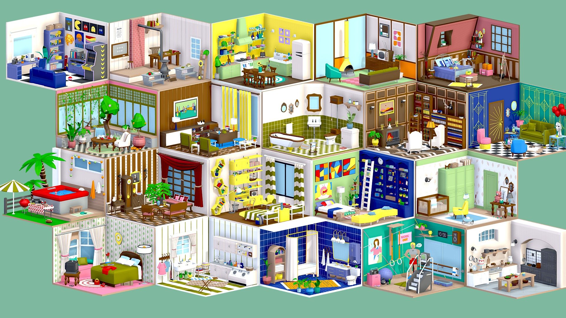 Low Poly Retro Vintage Rooms Interiors - Buy Royalty Free 3D model by ...