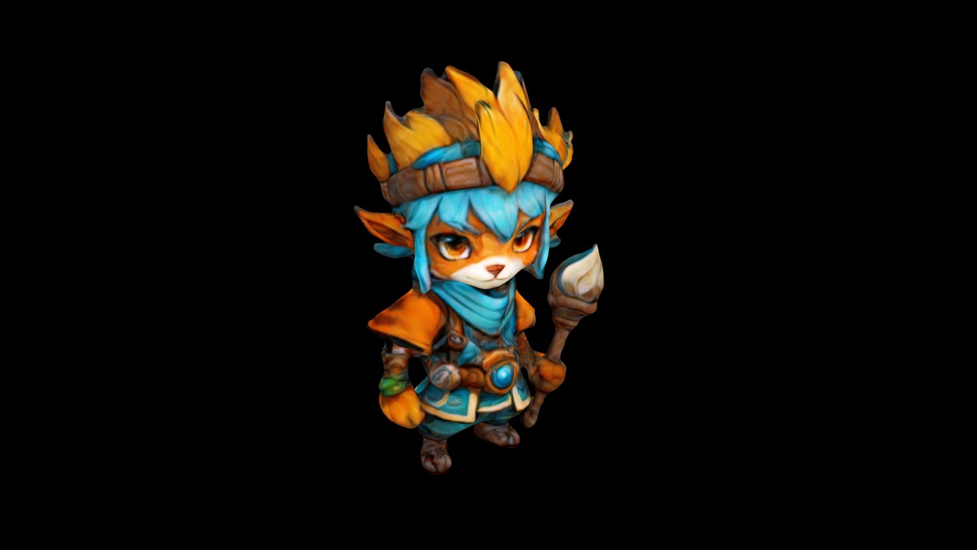 a blue haired fox character holding a staff the - Download Free 3D ...