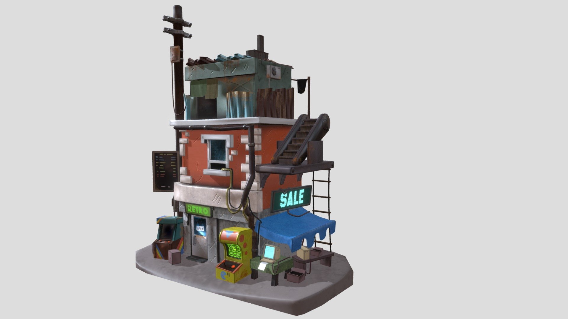 Retro Building - 3D model by Bitbom (@nextchennel748) [3a8aebe] - Sketchfab