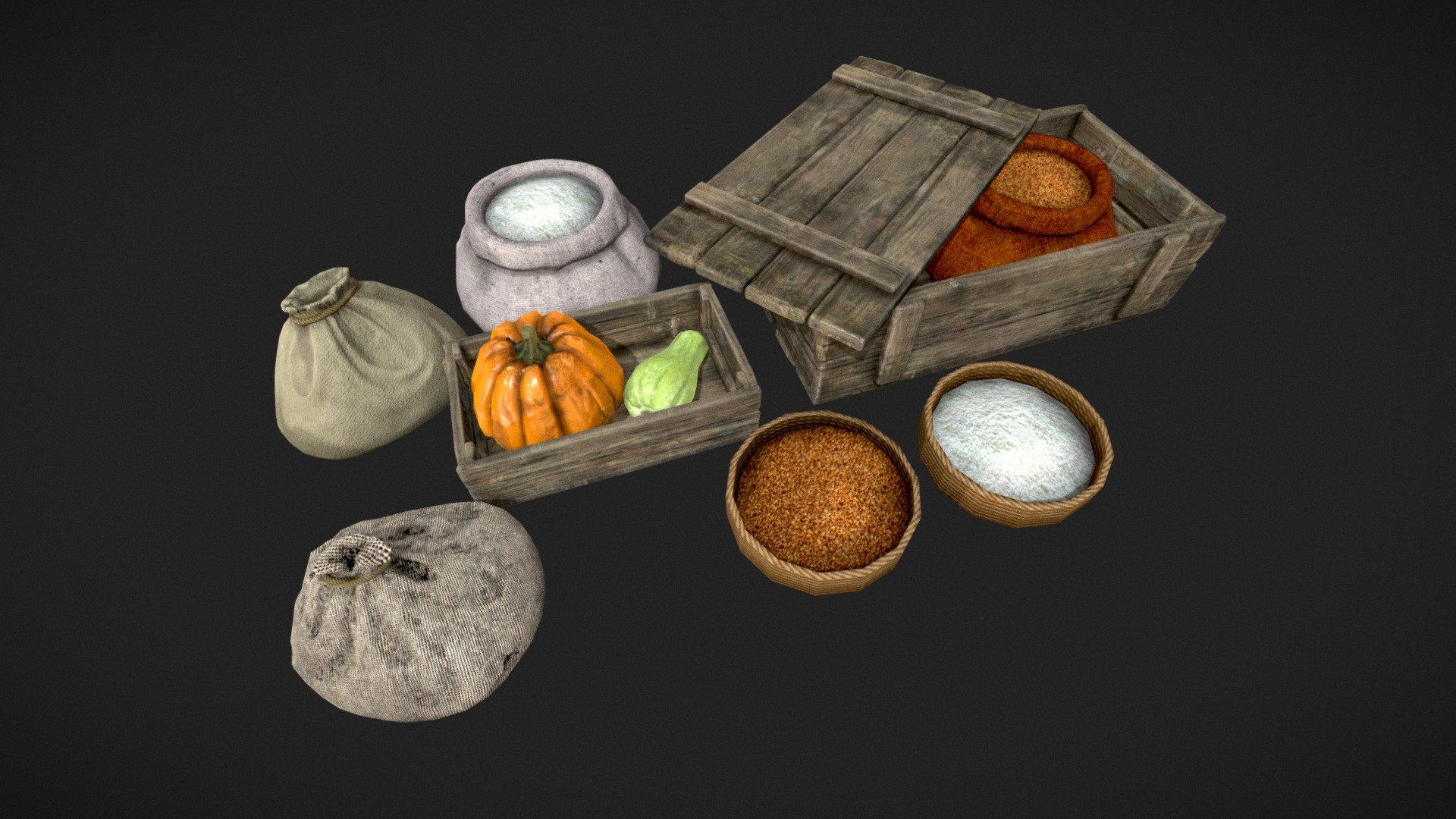 Wooden boxes, vegetables, bags of grain - Download Free 3D model by ...