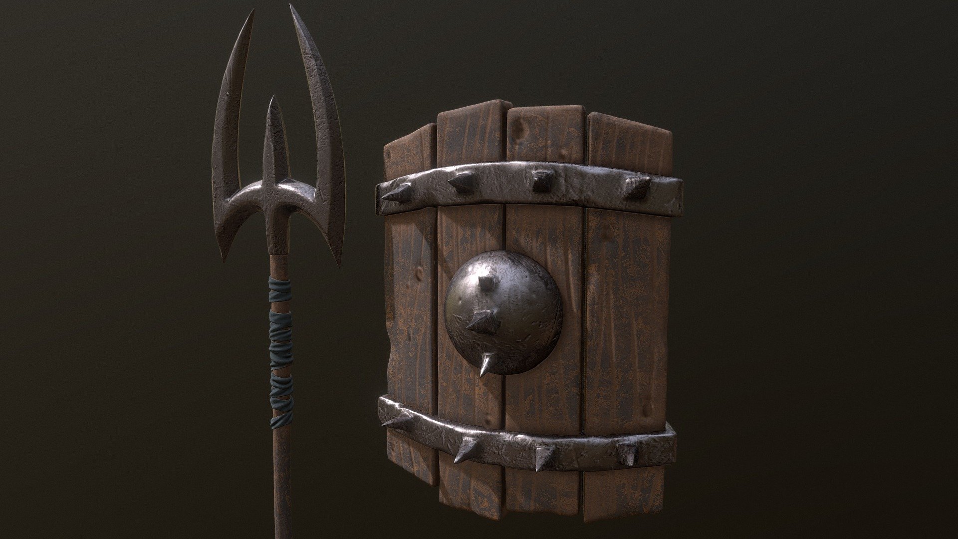 Stylized Trident & Wooden Shield - Download Free 3D model by Thanh Phuc ...