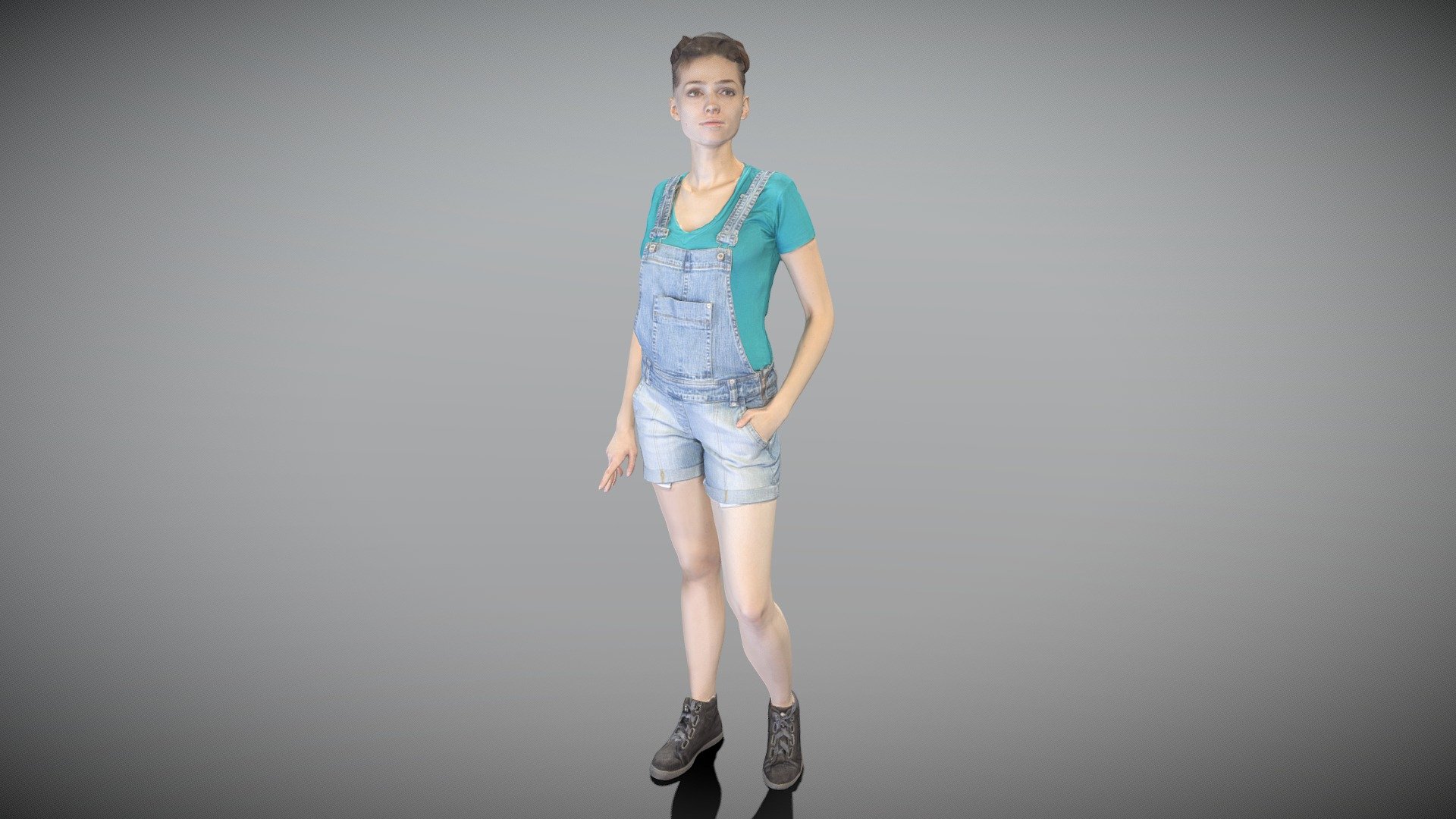 Cute young woman in denim overalls 228 - Buy Royalty Free 3D model by ...