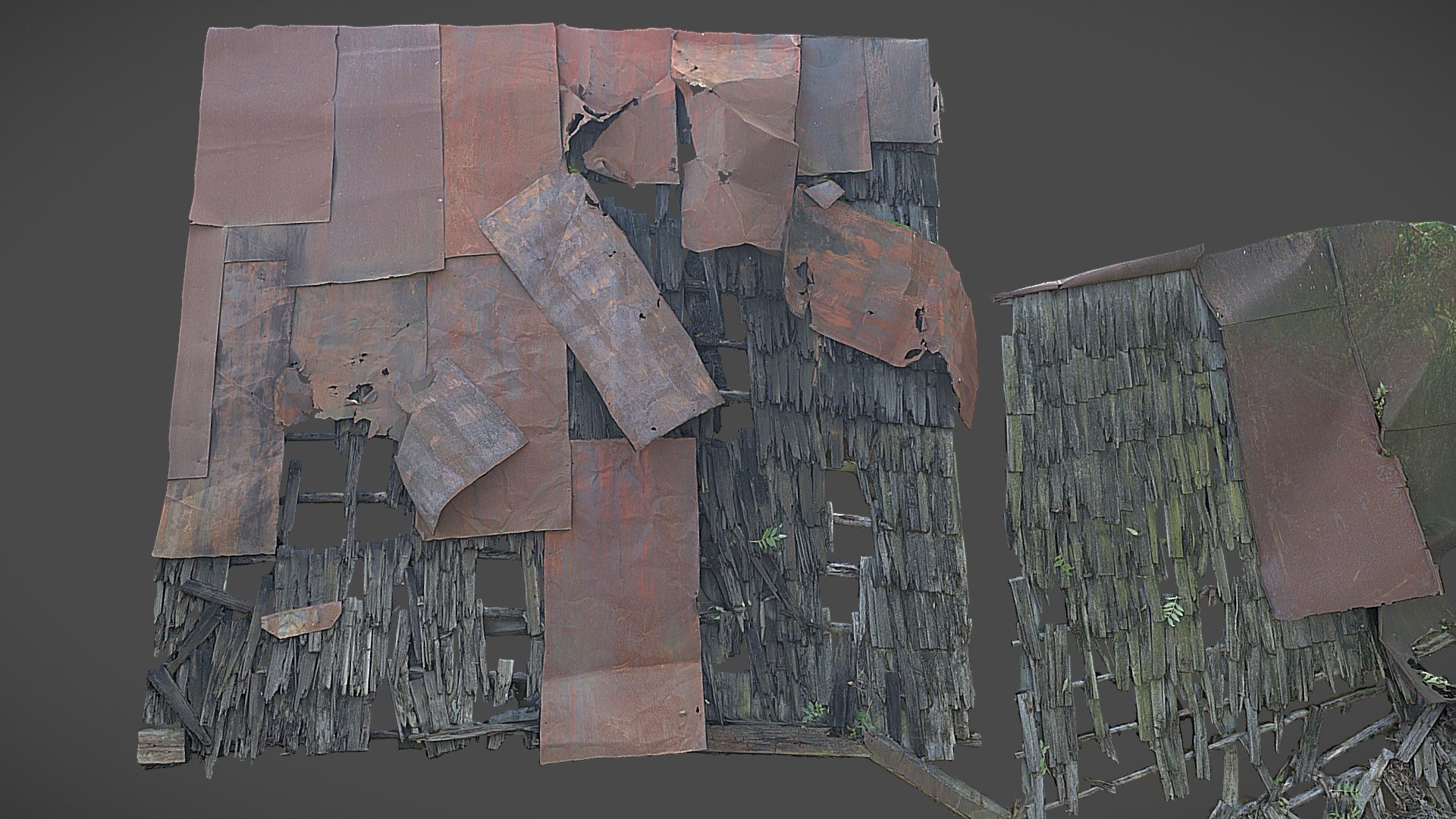 Fallen wooden shingle roof with decayed plates - Buy Royalty Free 3D ...