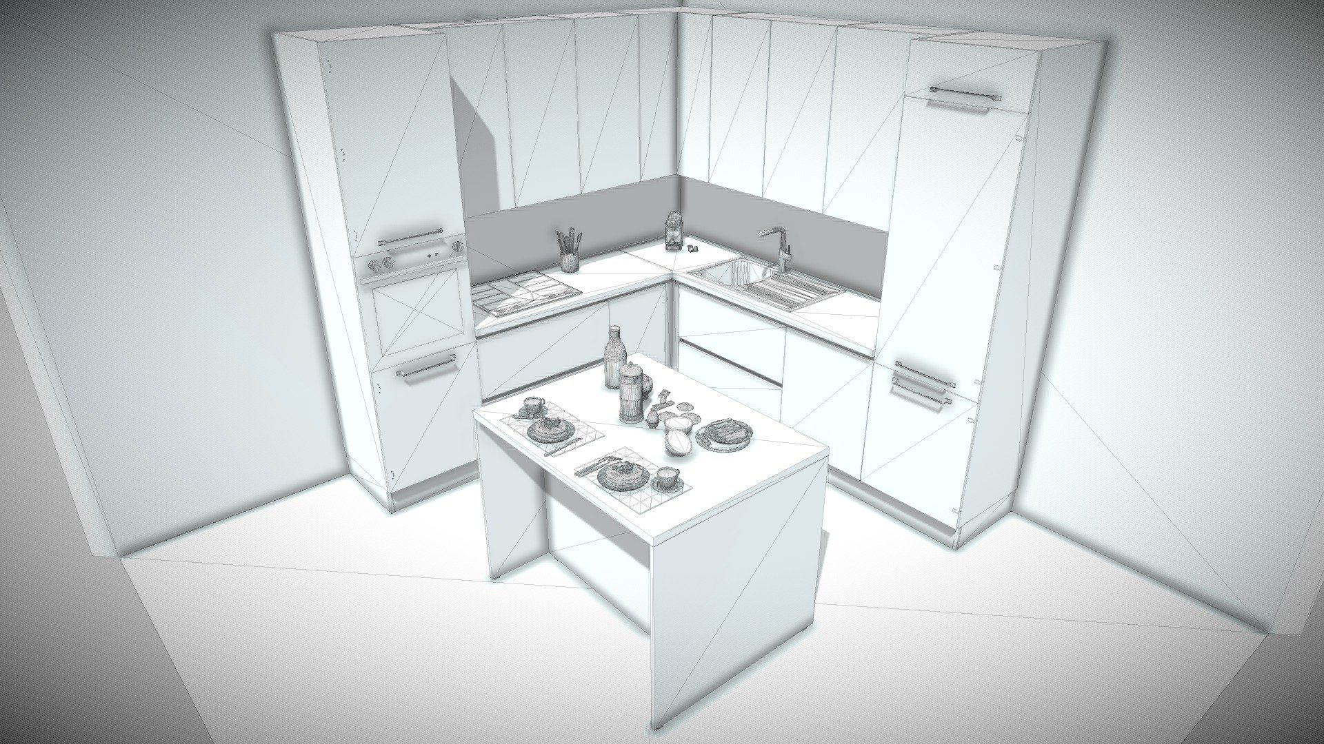 Wireframe - Kitchen with central area - Download Free 3D model by ...