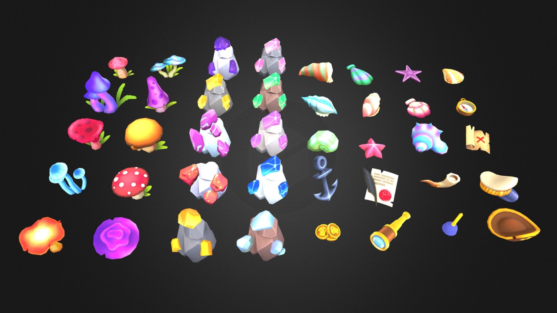 Low-poly mushroom, shell, rocks, and treasure - Buy Royalty Free 3D ...