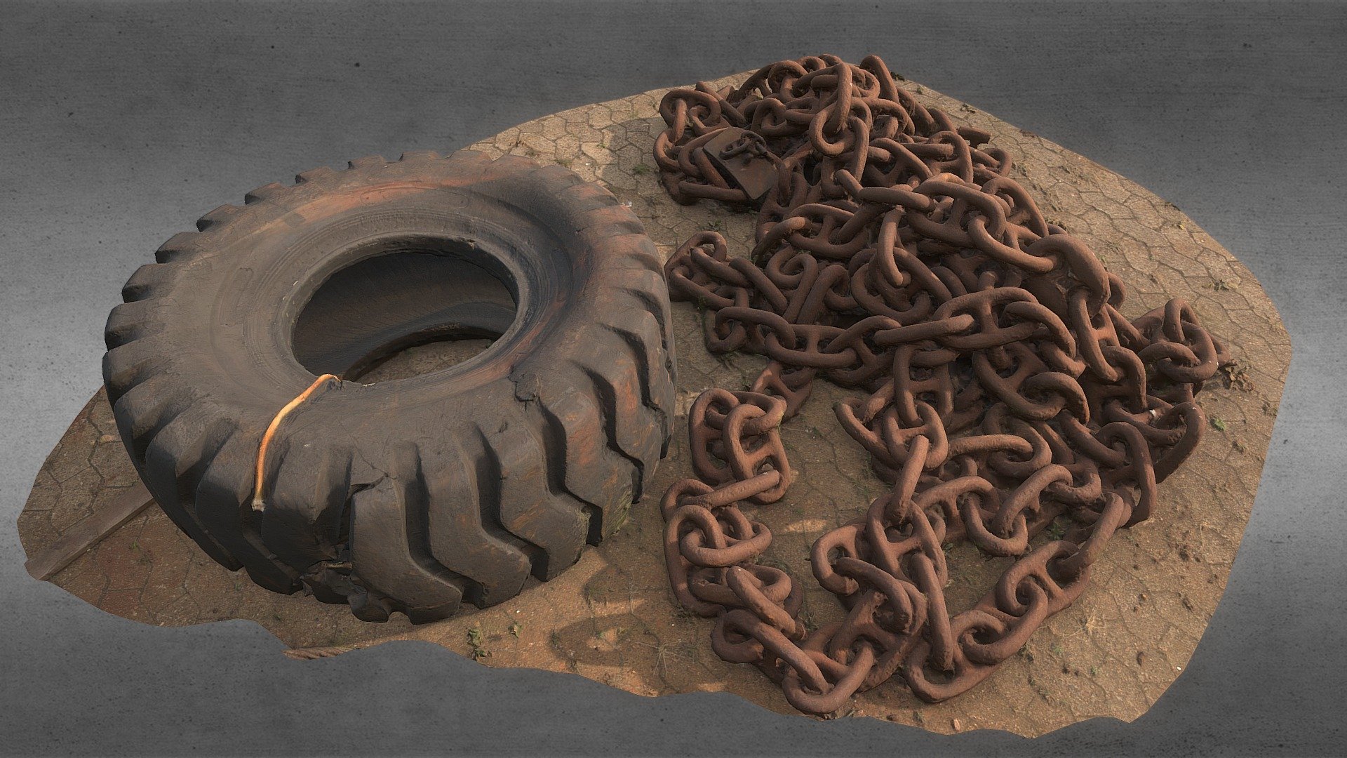 Big damaged tire and metal anchor chain - Buy Royalty Free 3D model by ...