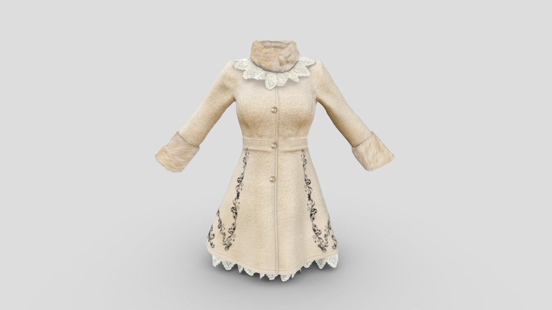Female Fur Neck Arms Lace Trims Winter Coat - Buy Royalty Free 3D model ...