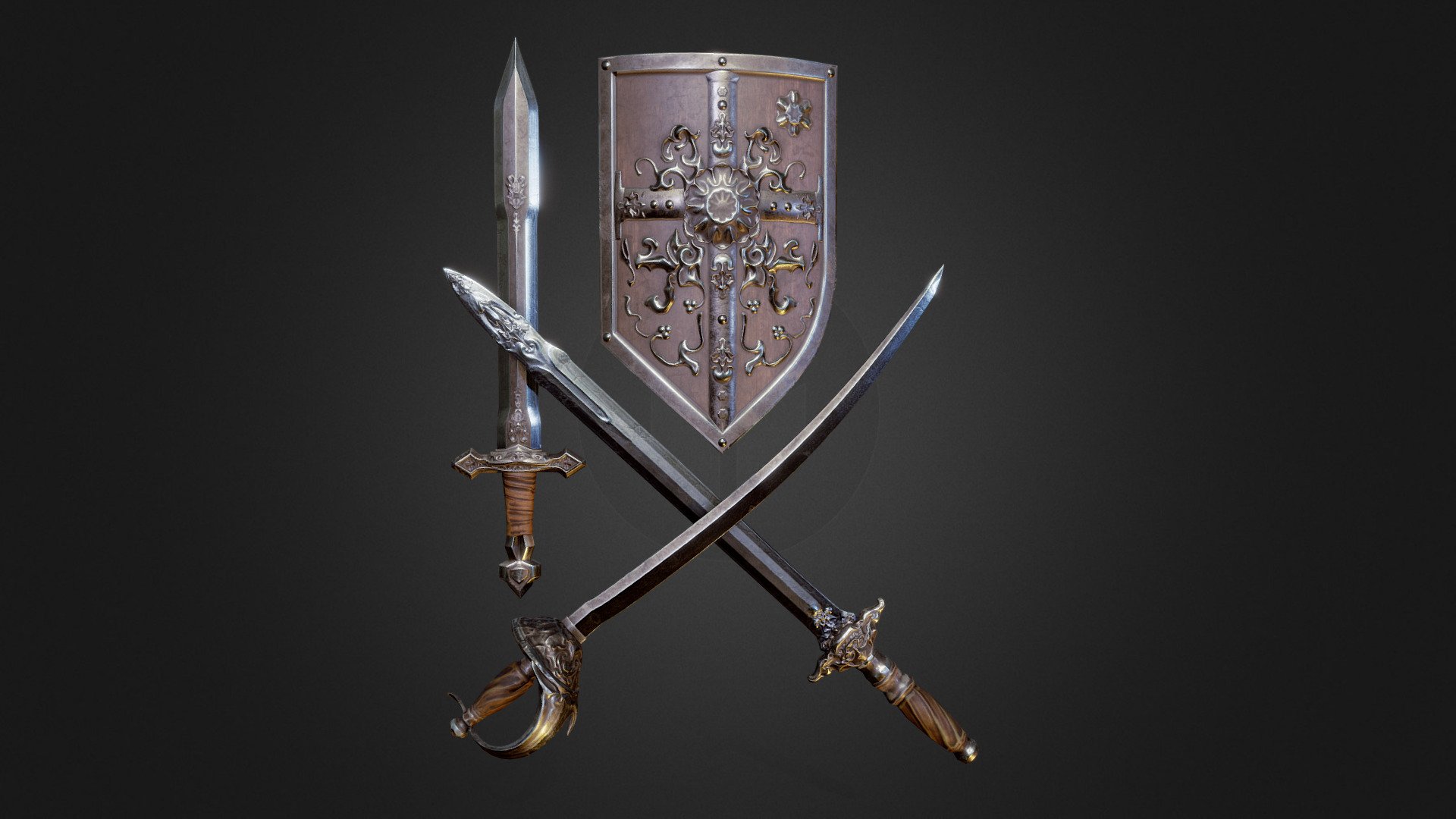 Swords and shield (game assets) - 3D model by Theon [6dbaec2] - Sketchfab