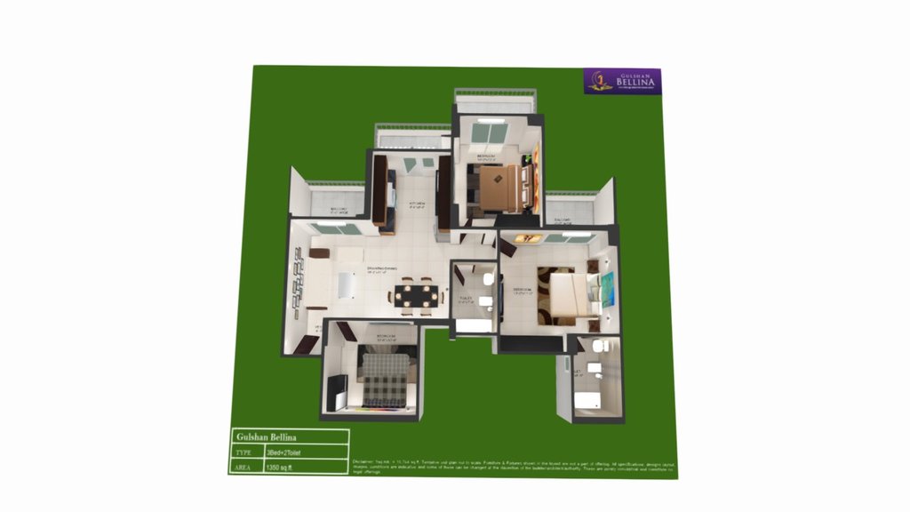 Gulshan Bellina - 1350 sq.ft. - 3D model by vinayak [747270a] - Sketchfab