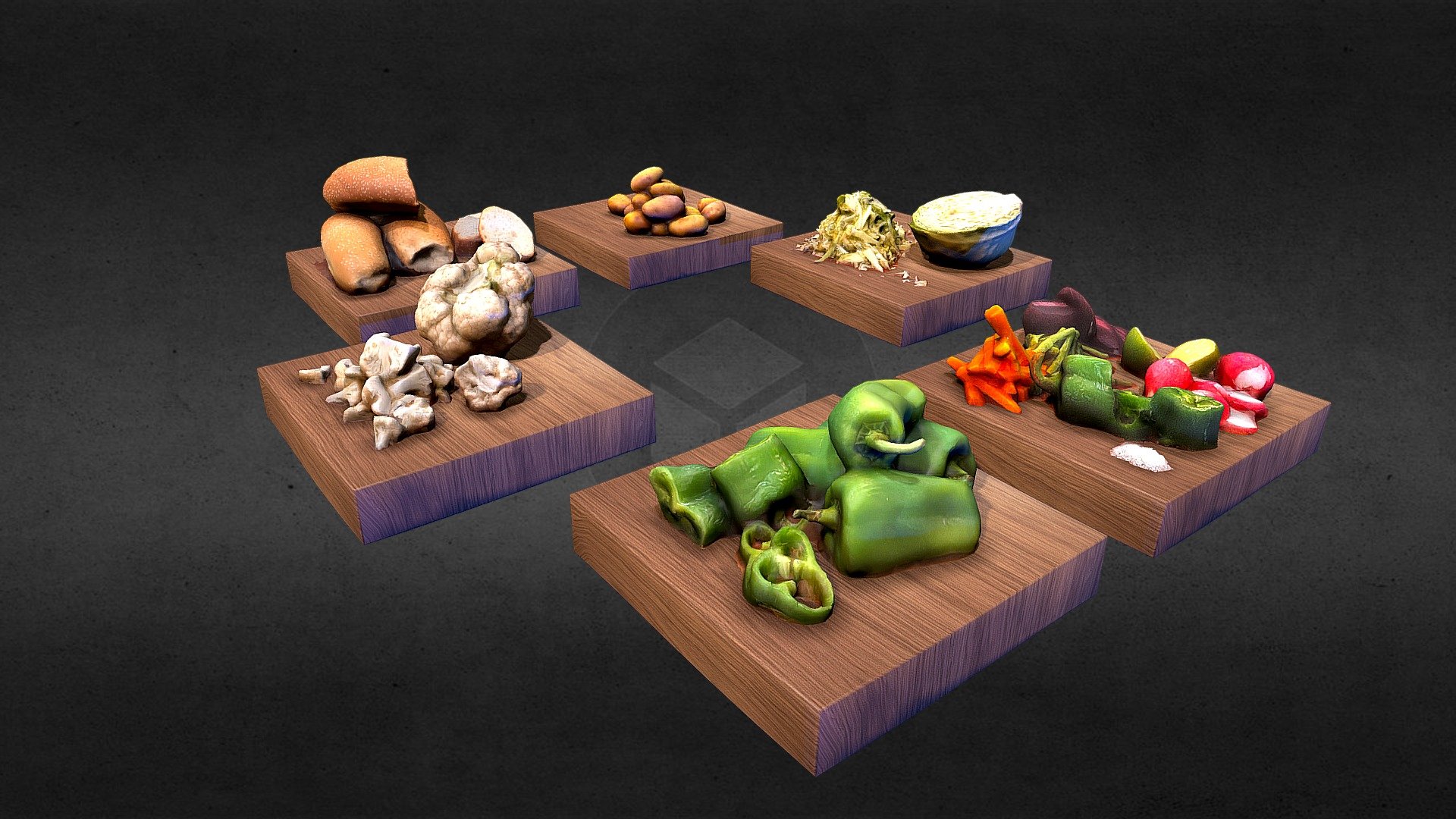6 boards with food vegetables fruit complete - Buy Royalty Free 3D ...