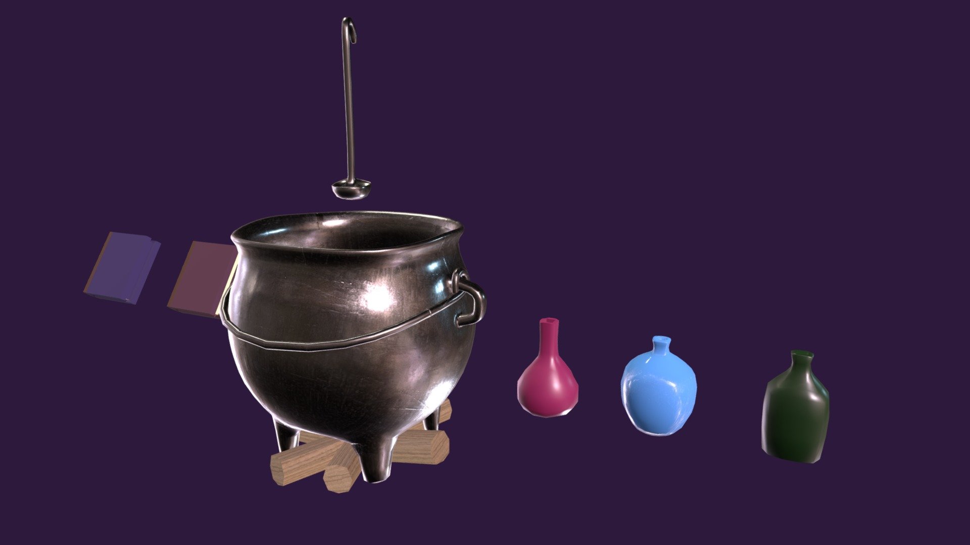 Witch accessories : Cauldron, bottles and books - Buy Royalty Free 3D ...
