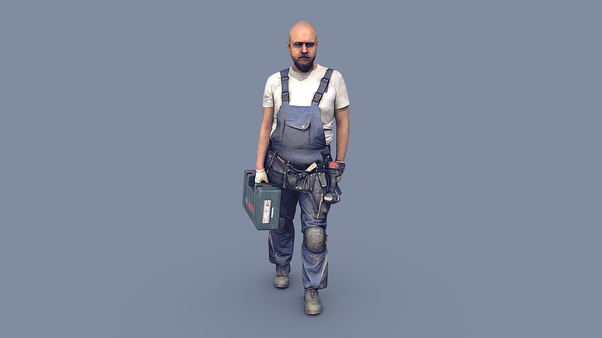 Bald Worker in Overalls Walks With a Tool Case - 3D model by kanistra ...