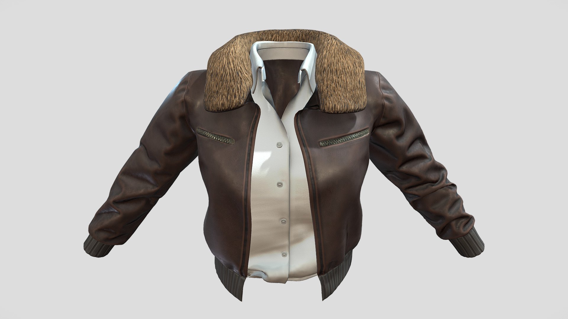Fur Collar Brown Leather Bomber Jacket w Shirt - Buy Royalty Free 3D ...