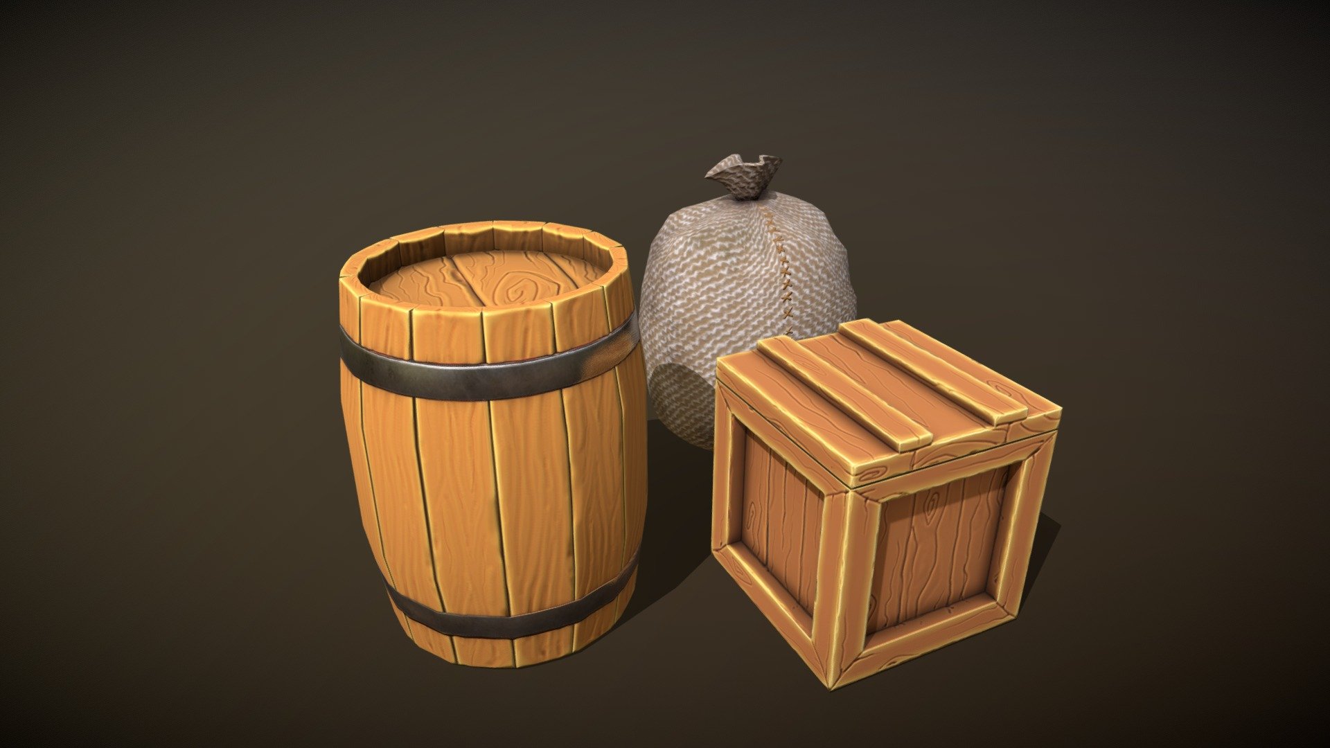 Stylized lowpoly containers barrel, box sack bag - Buy Royalty Free 3D ...