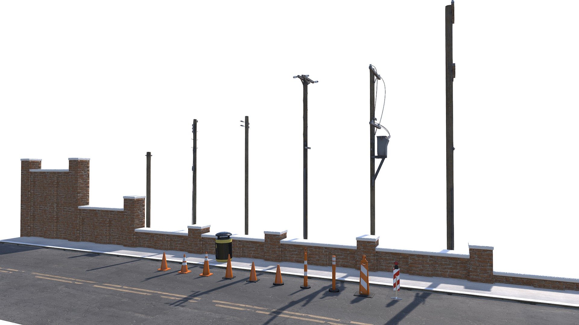 Telegraph Poles, Wall, Road & Road Cones - Buy Royalty Free 3D model by ...