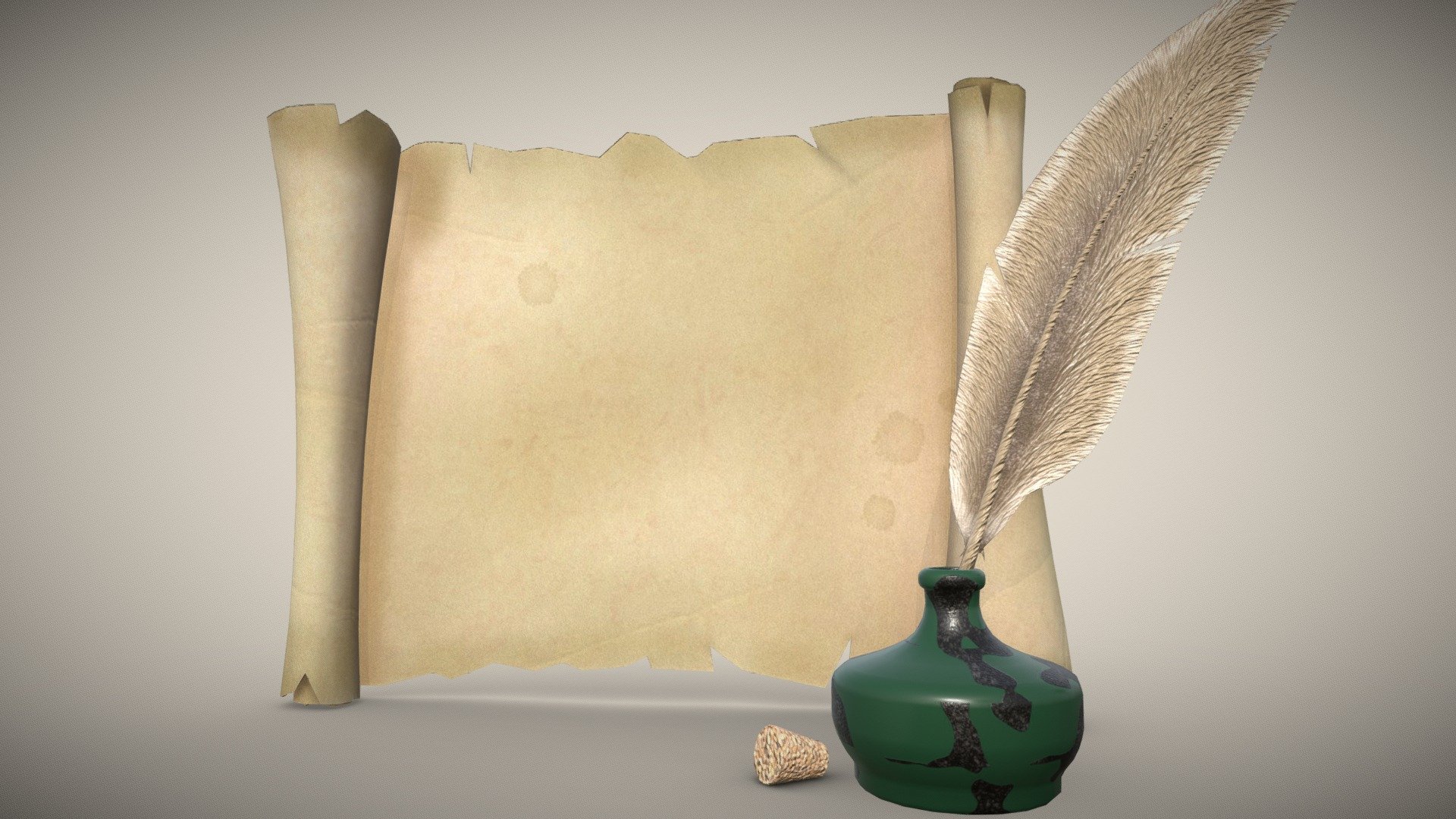 Set of papyrus and inkwell with stopper and quil - Buy Royalty Free 3D ...
