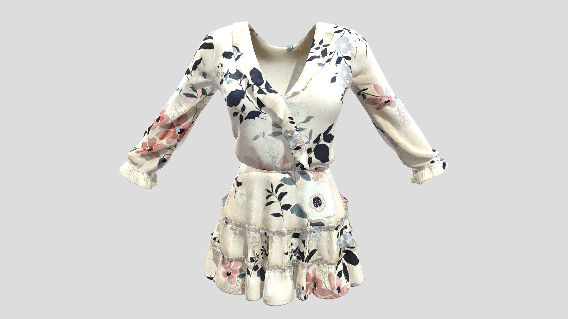 Female Floral Patchwork Ruffled Mini Dress - Buy Royalty Free 3D model by 3dia [a5409b9 ...