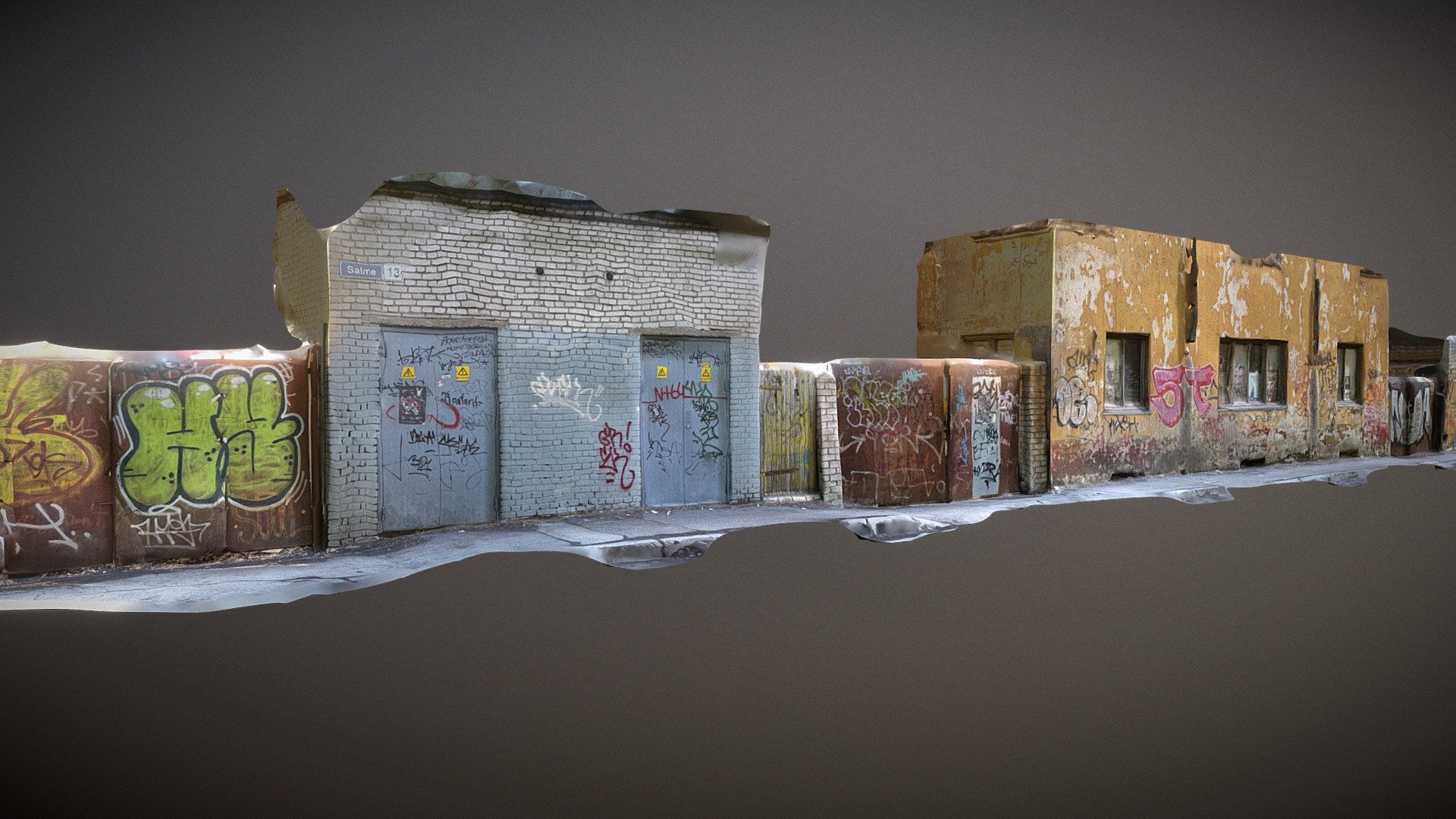 Street view abandoned buildings with graffiti - Buy Royalty Free 3D ...