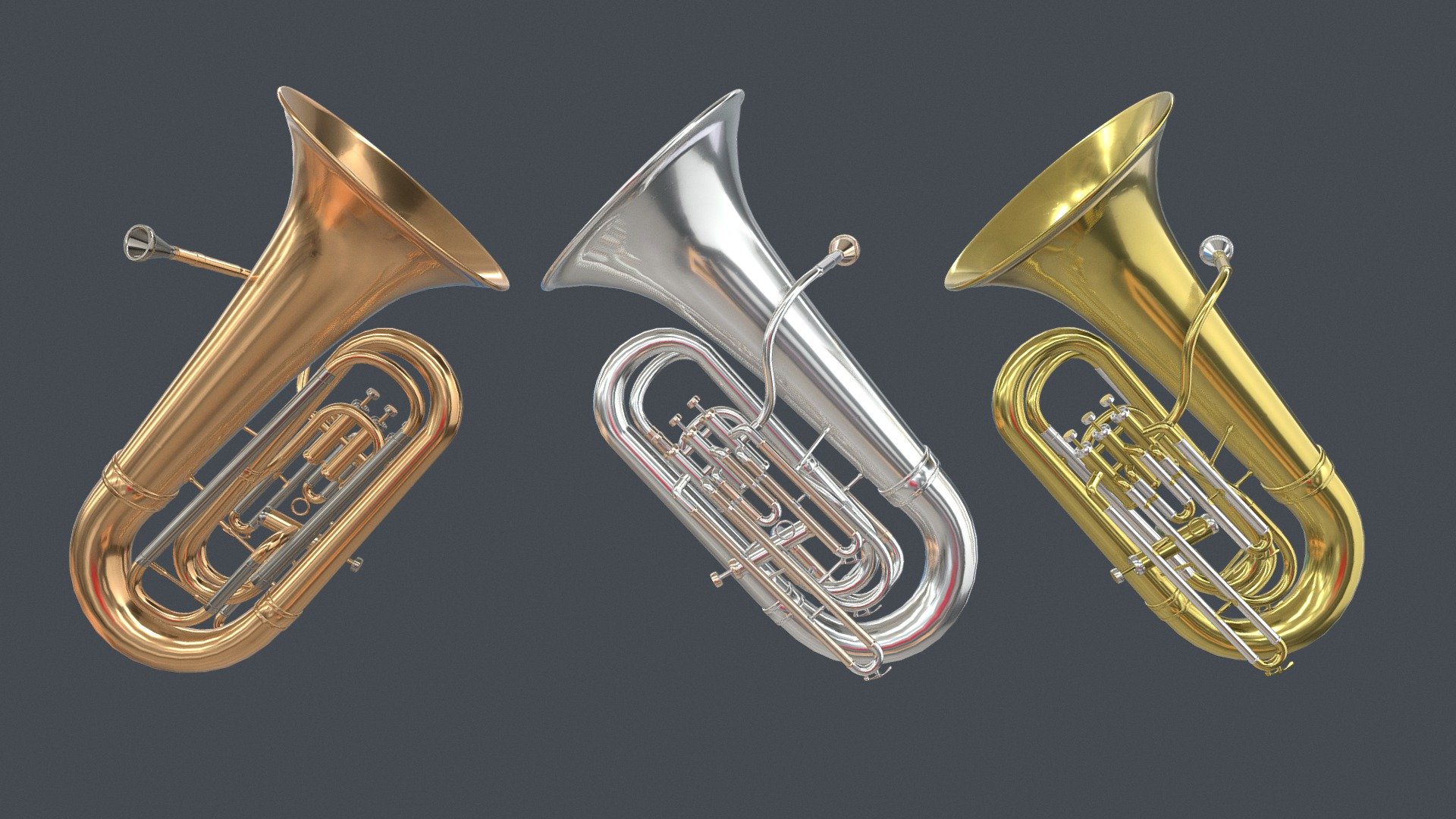 Tuba Three Materials Brasscoppersilver Buy Royalty Free 3d Model By