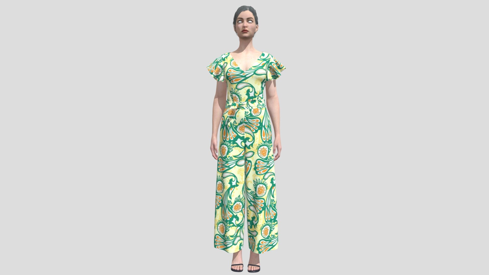 Printed V-neck ruffled short-sleeved romper - Download Free 3D model by ...