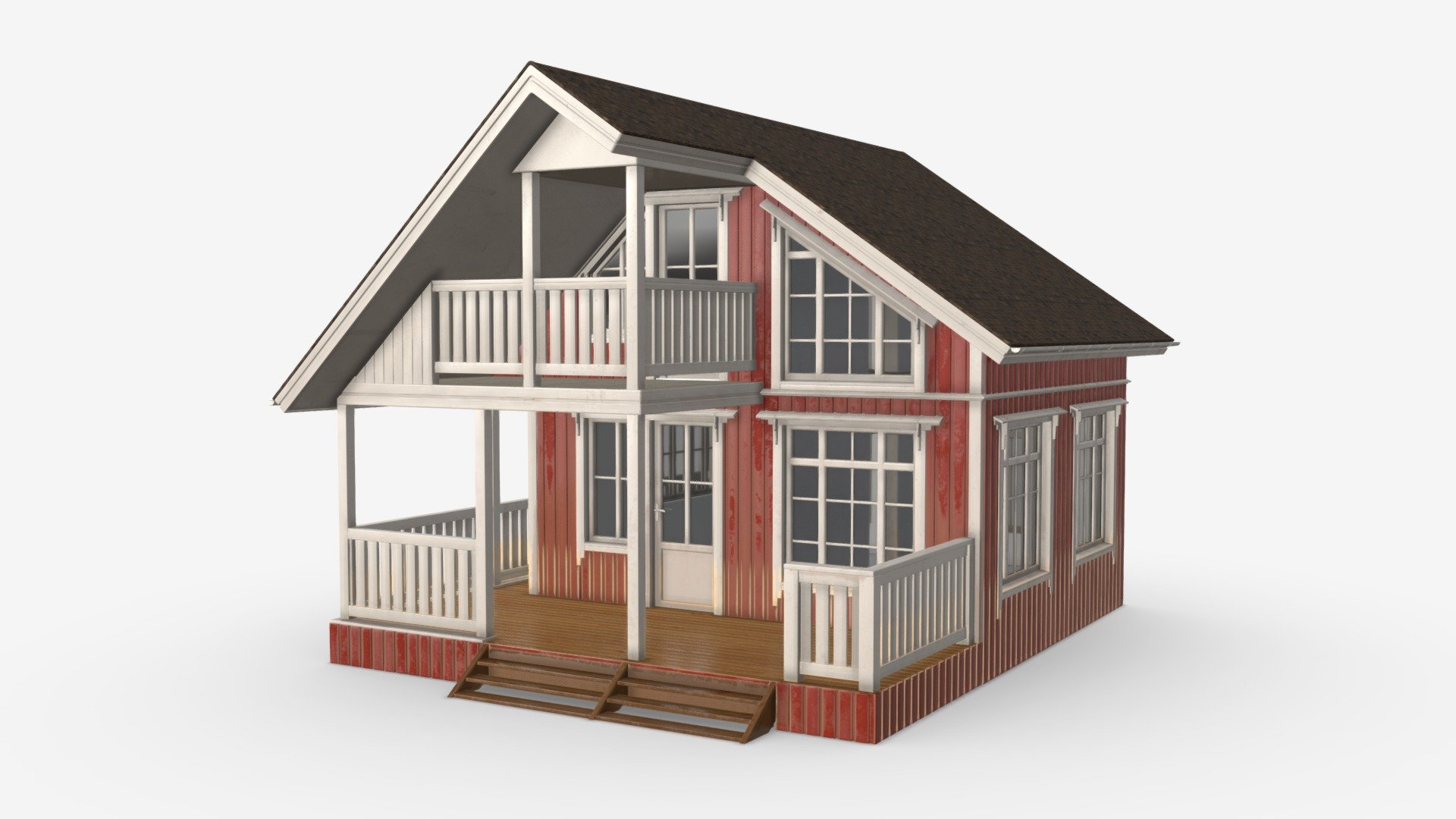 Classic Wooden Two Level House with Terrace - Buy Royalty Free 3D model ...