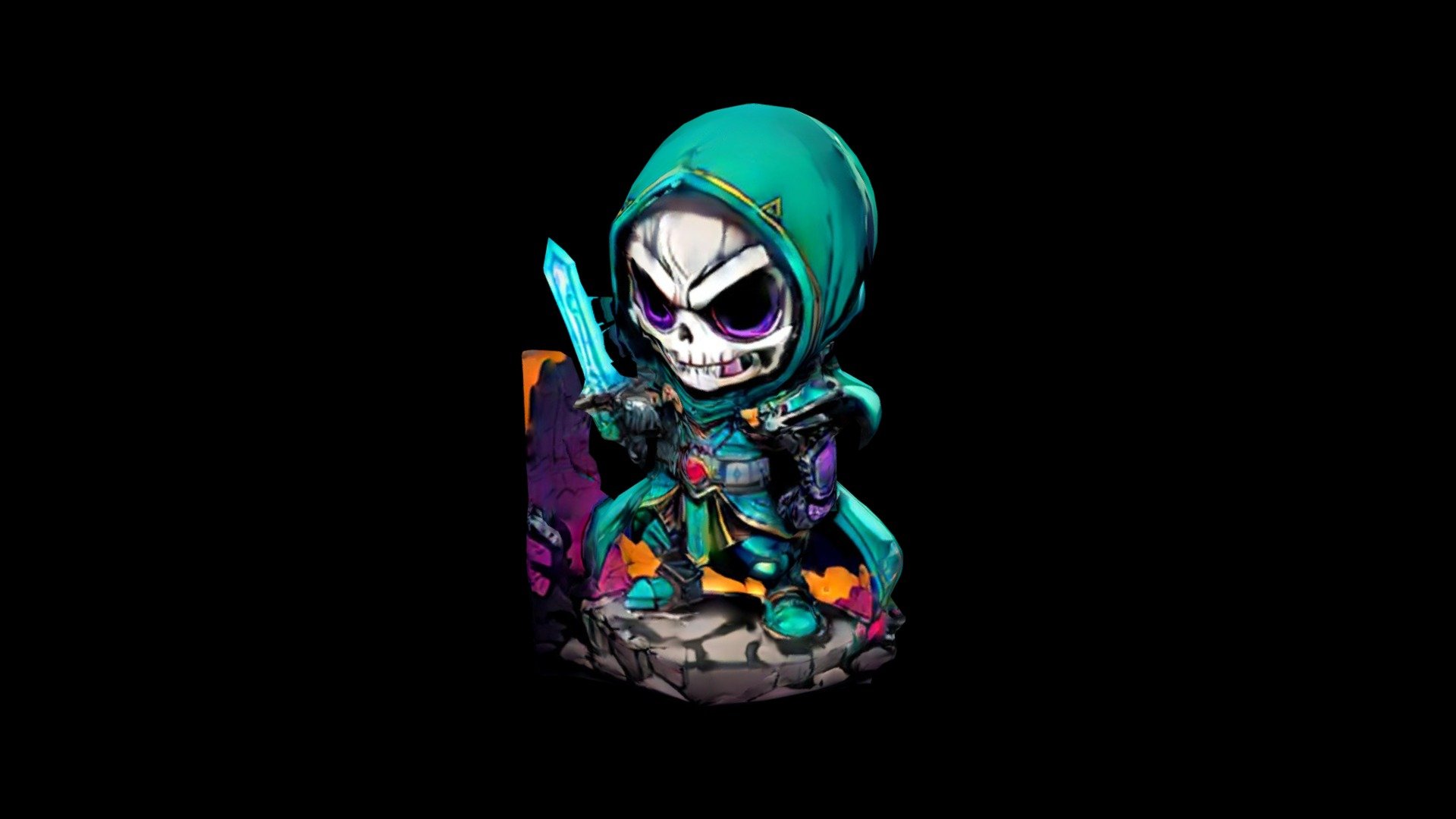 A chibi skeleton knight in a green robe and cape - Download Free 3D ...