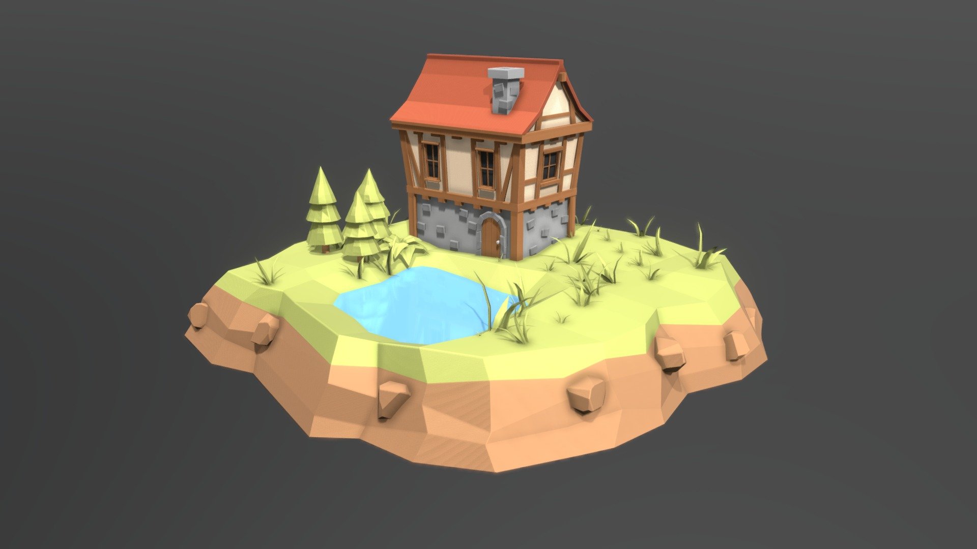 Low Poly House with Pond - Download Free 3D model by Dandushik [b1fb1ea] - Sketchfab