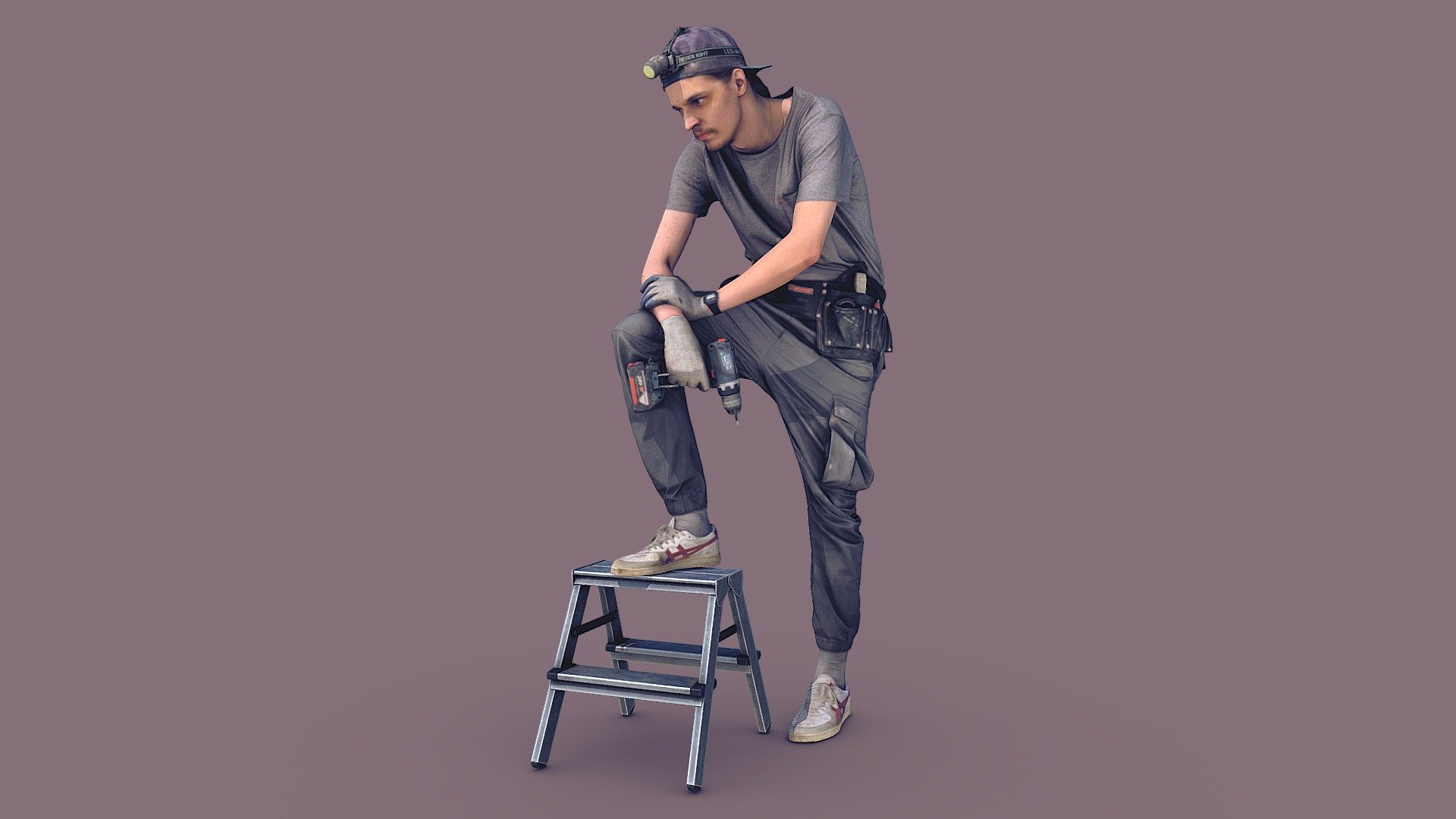 Worker in Gray Stands on a Stepladder - 3D model by kanistra [b269a61 ...