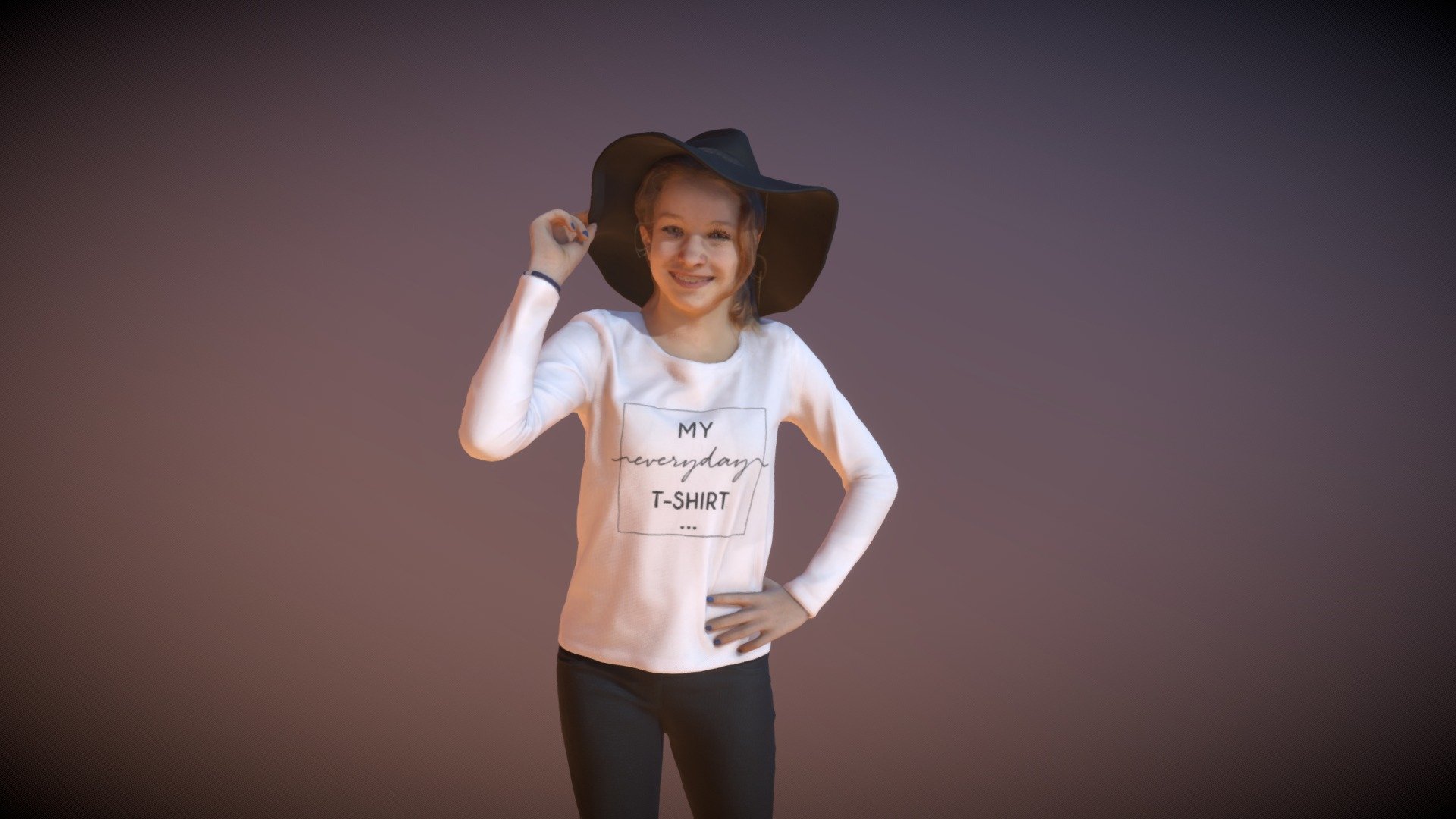 Teenage girl Essence standing smiling in a hat - Buy Royalty Free 3D ...