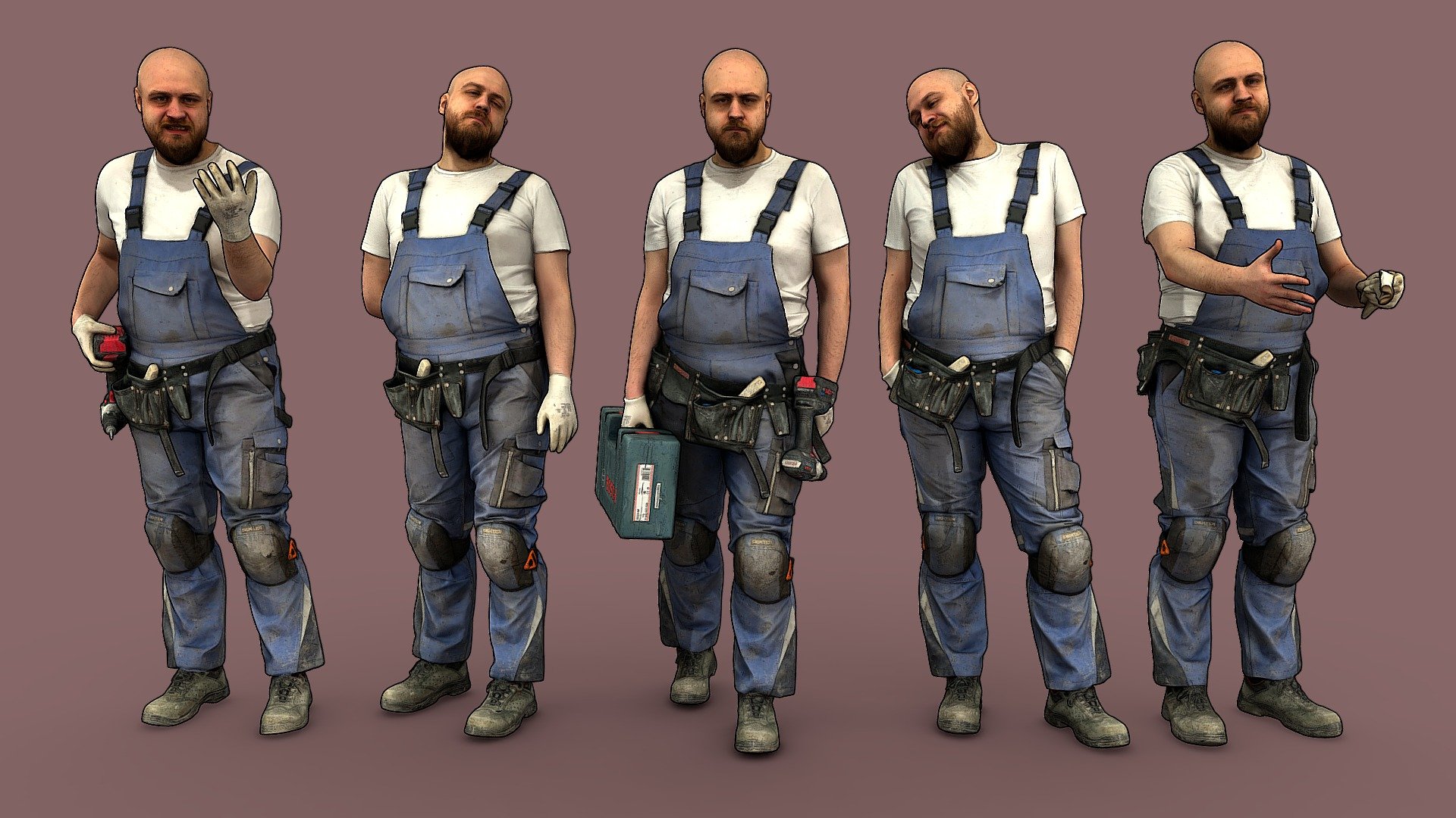 Bald Worker in Overalls & White T-shirt - 3D model by kanistra [ba1e4b0 ...