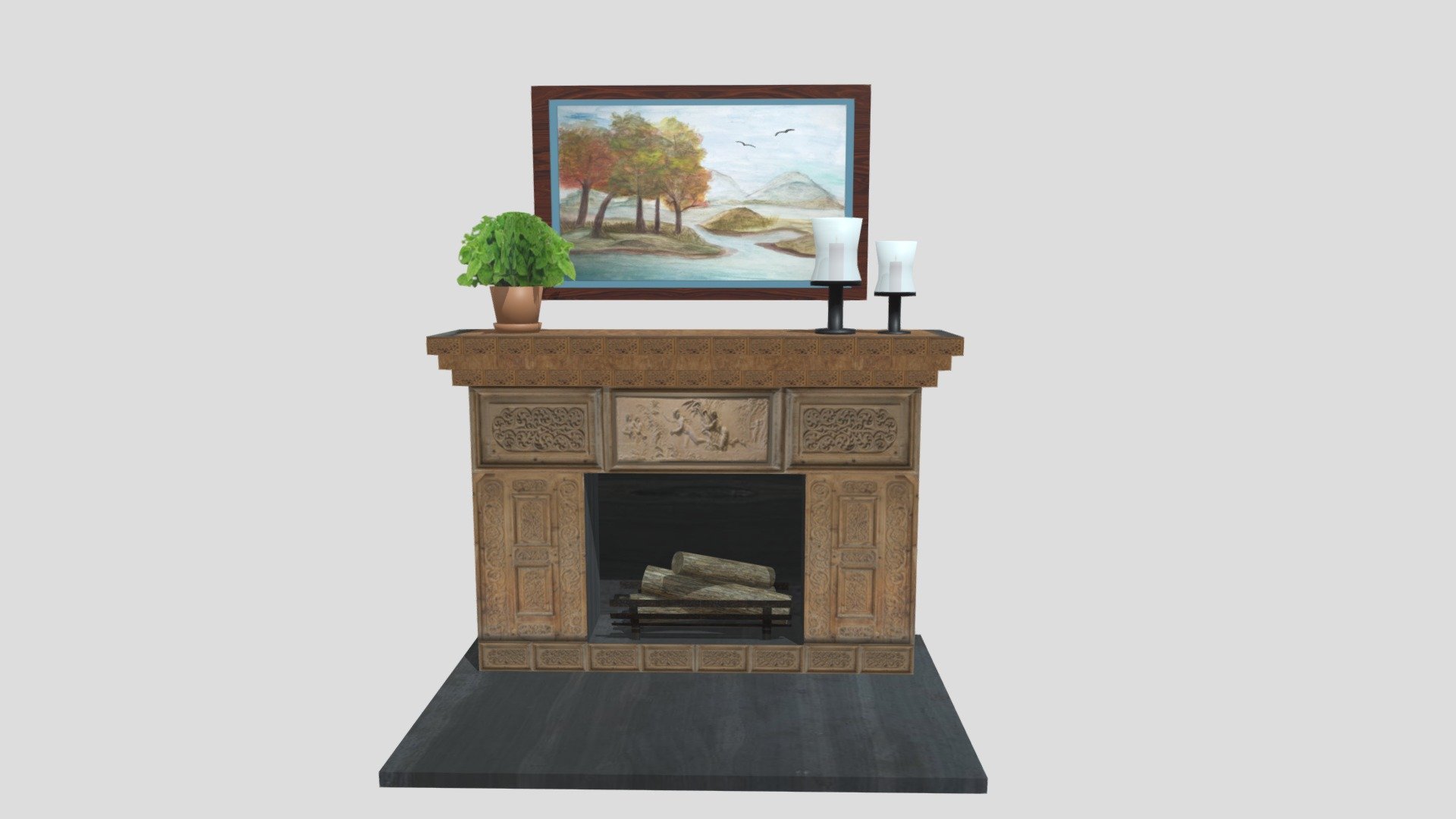 Fireplace Set with Decorated Mantle - Buy Royalty Free 3D model by ...