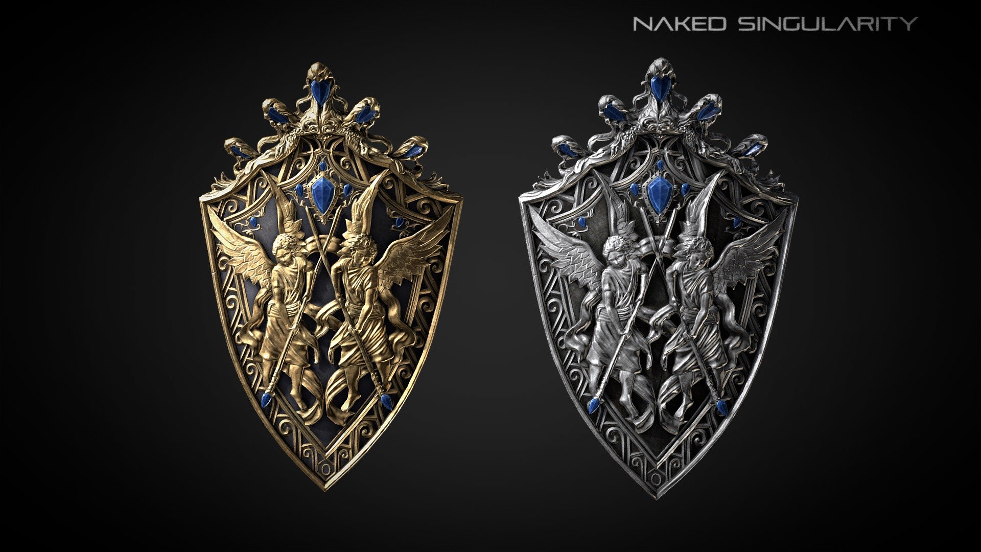 Twin angel shield | Medieval dark fantasy weapon - Buy Royalty Free 3D ...