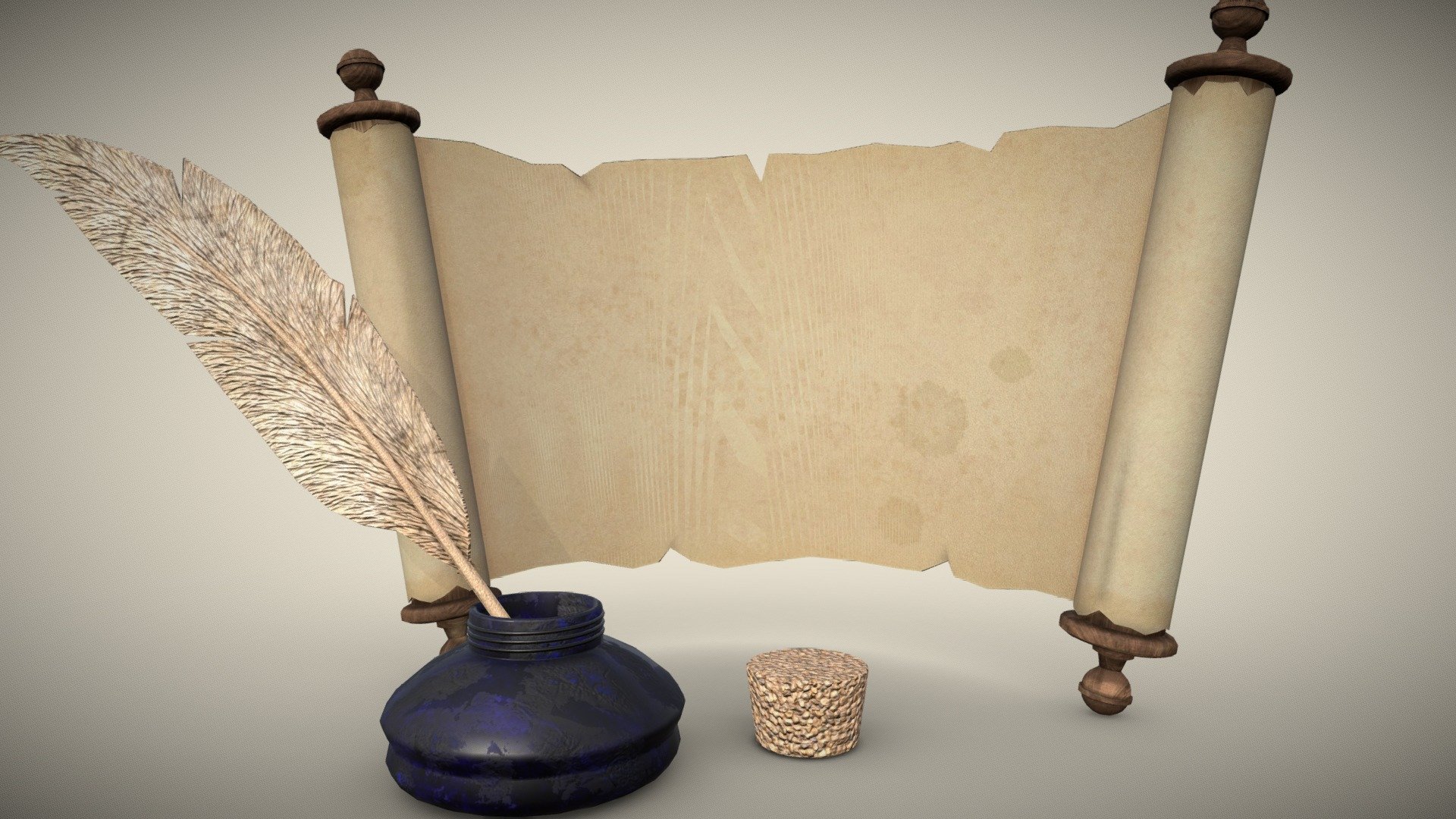 Set of papyrus scroll and inkwell with stopper - Buy Royalty Free 3D ...