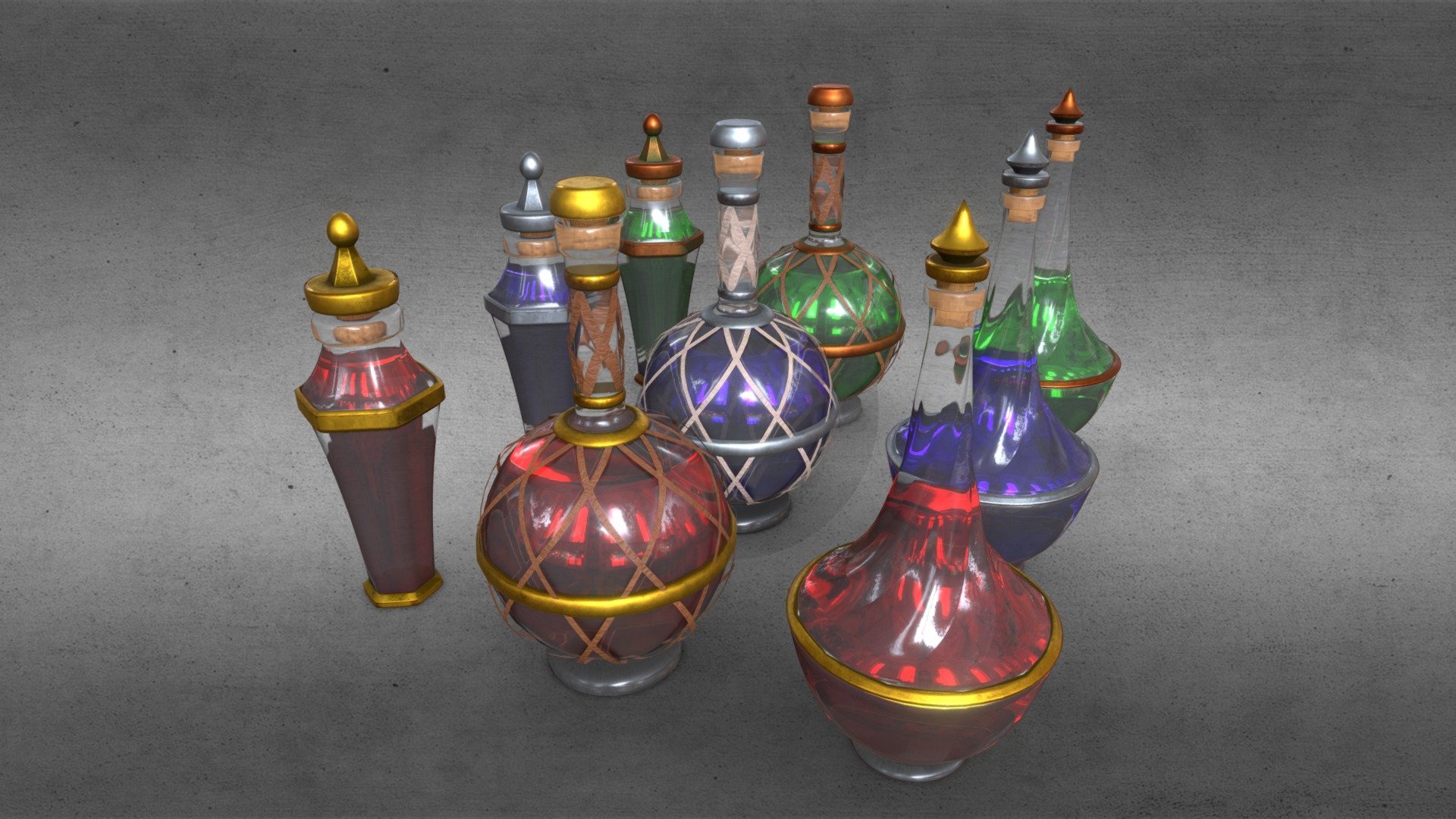 Potions - Health Mana Strength 9 Piece Set - Buy Royalty Free 3D model ...