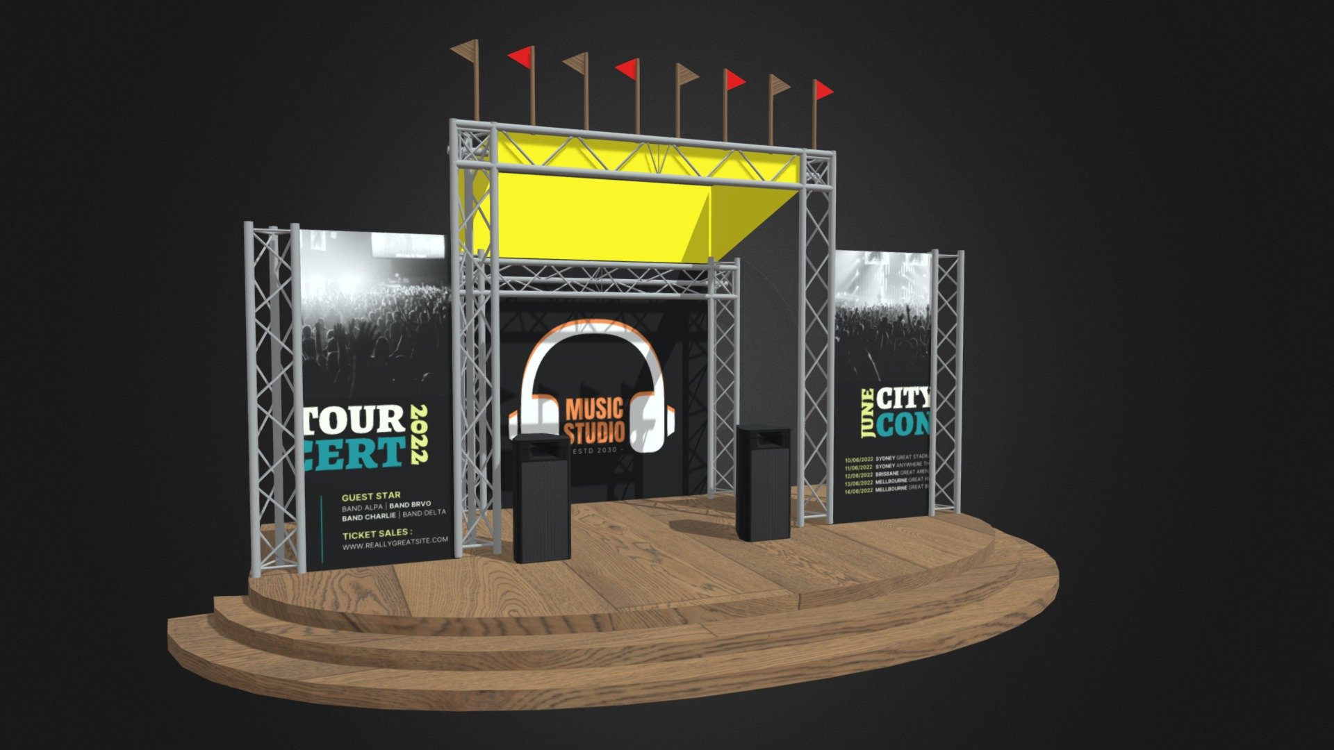 A stage with speakers and signs - 3D model by Annandakumar [c7b8c8e ...