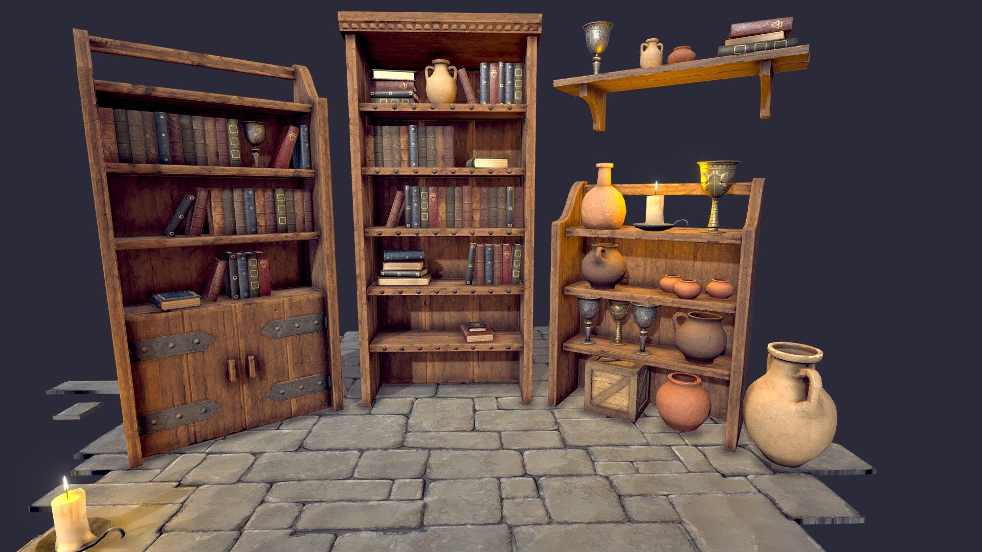 Medieval Props Bookcases Scene (Asset) - Buy Royalty Free 3D model by ...