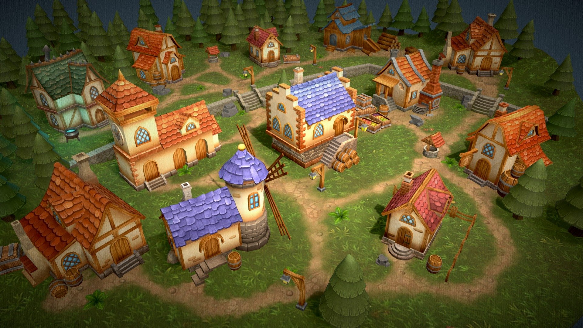 Lowpoly Township Set - 3D model by Yevheniia (@Jenka) [ce89a4d] - Sketchfab