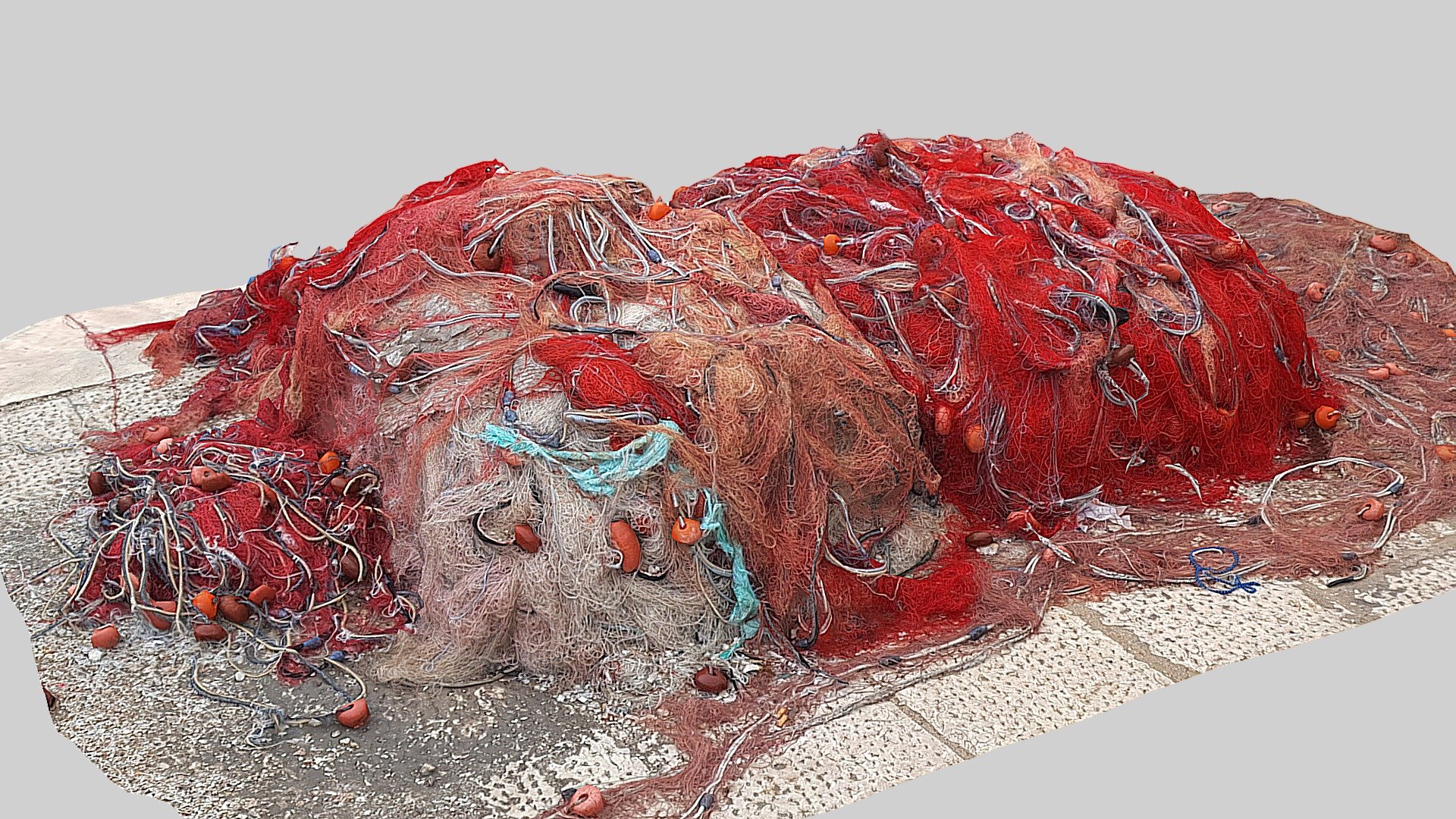 Pile of red fishing nets with floats on a quay - Buy Royalty Free 3D ...