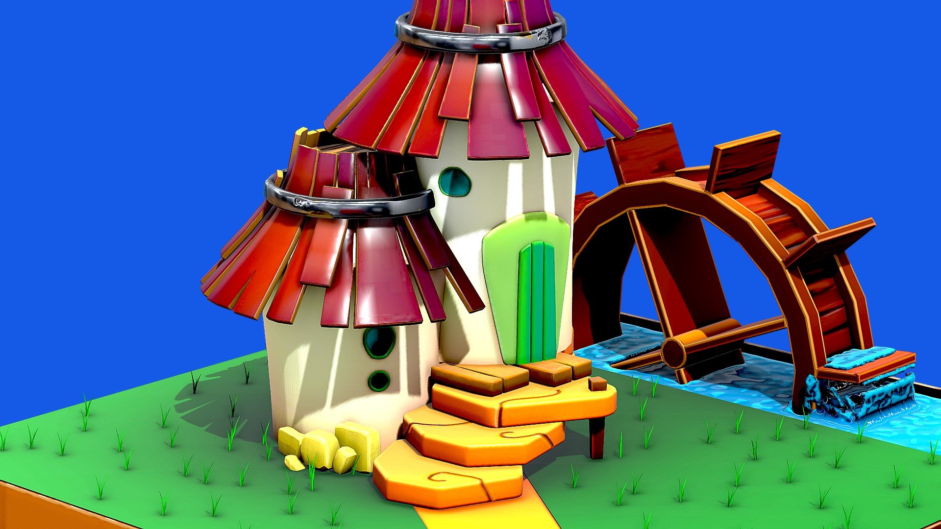 Low poly model of a cartoon watermill - 3D model by Marina2112 [e476a55 ...