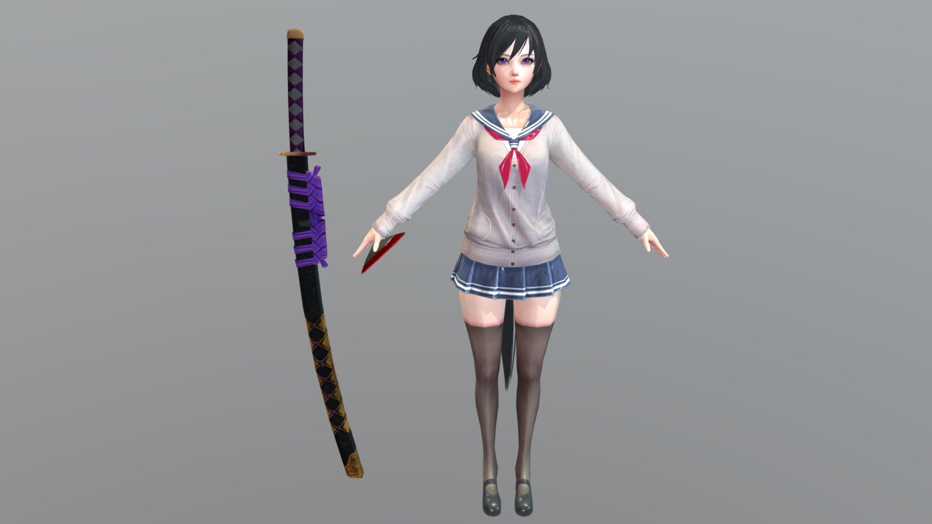 School Uniform Beauty With A Japanese Long Sword - 3D model by ...